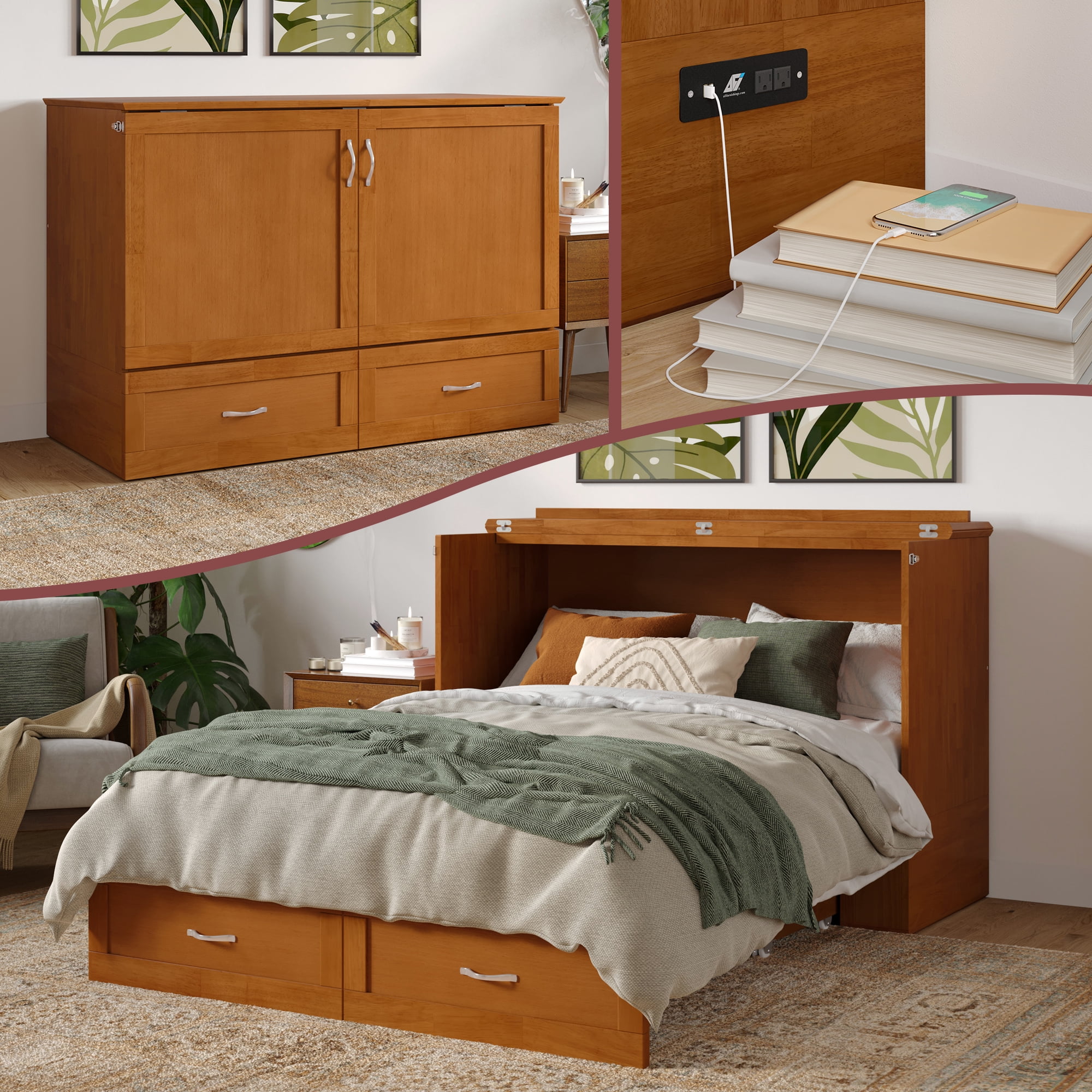 AFI Alara Full Solid Wood Murphy Bed Chest with Drawer and Charger ...