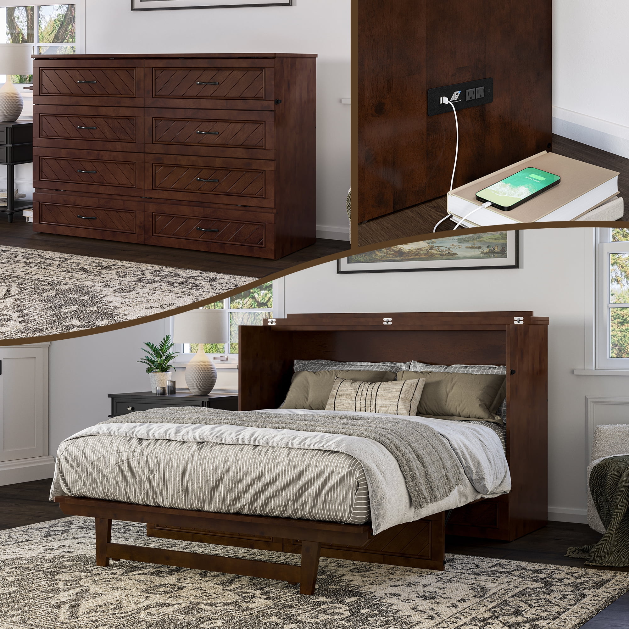 AFI Alpine Queen Wood Murphy Bed Chest with Mattress and Built-in ...