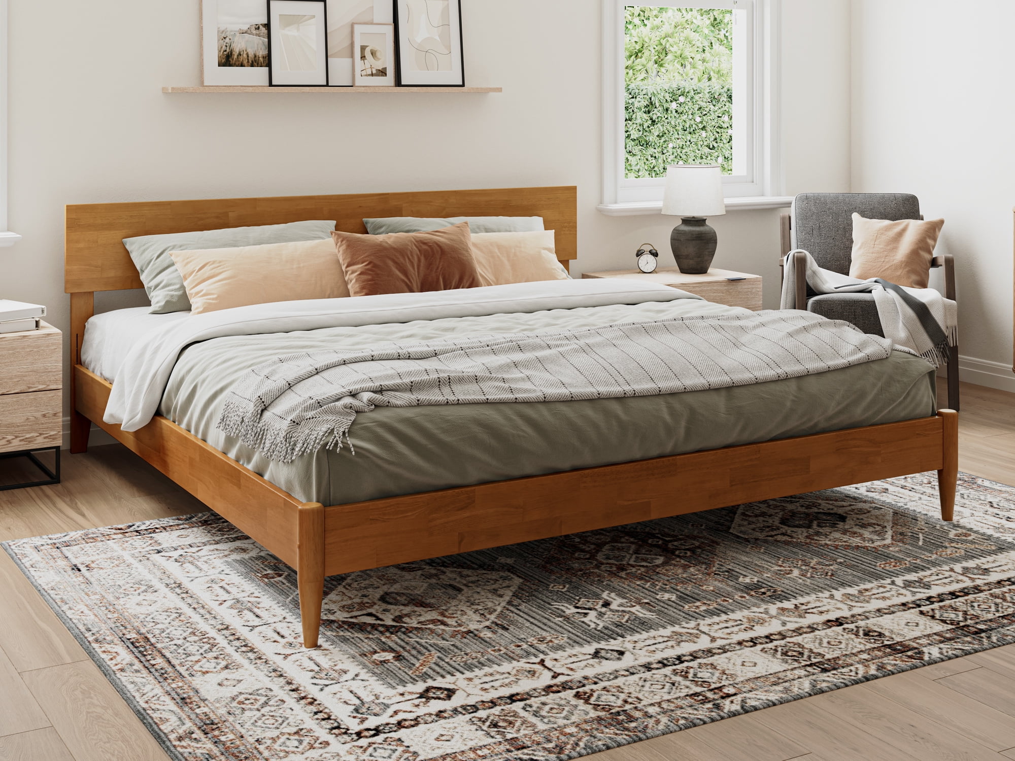 AFI Aria King Size Low Profile Bed, Solid Wood Frame, Light Toffee ...