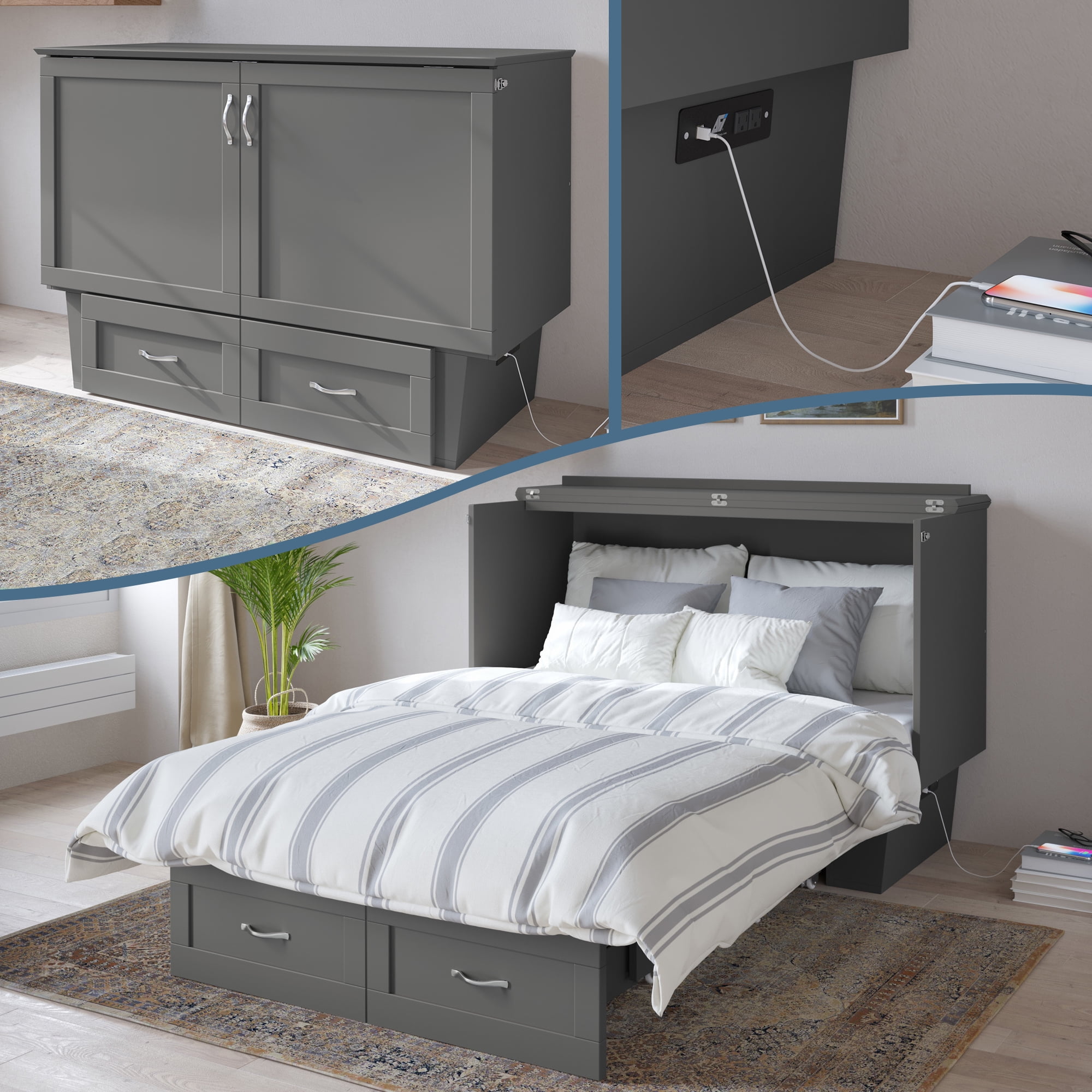 AFI Dahlia Full Solid Wood Murphy Bed Chest with Drawer and Charger ...