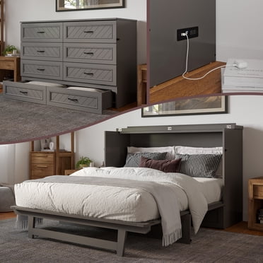 AFI Southampton Full Solid Wood Murphy Bed Chest with Mattress, Drawer ...