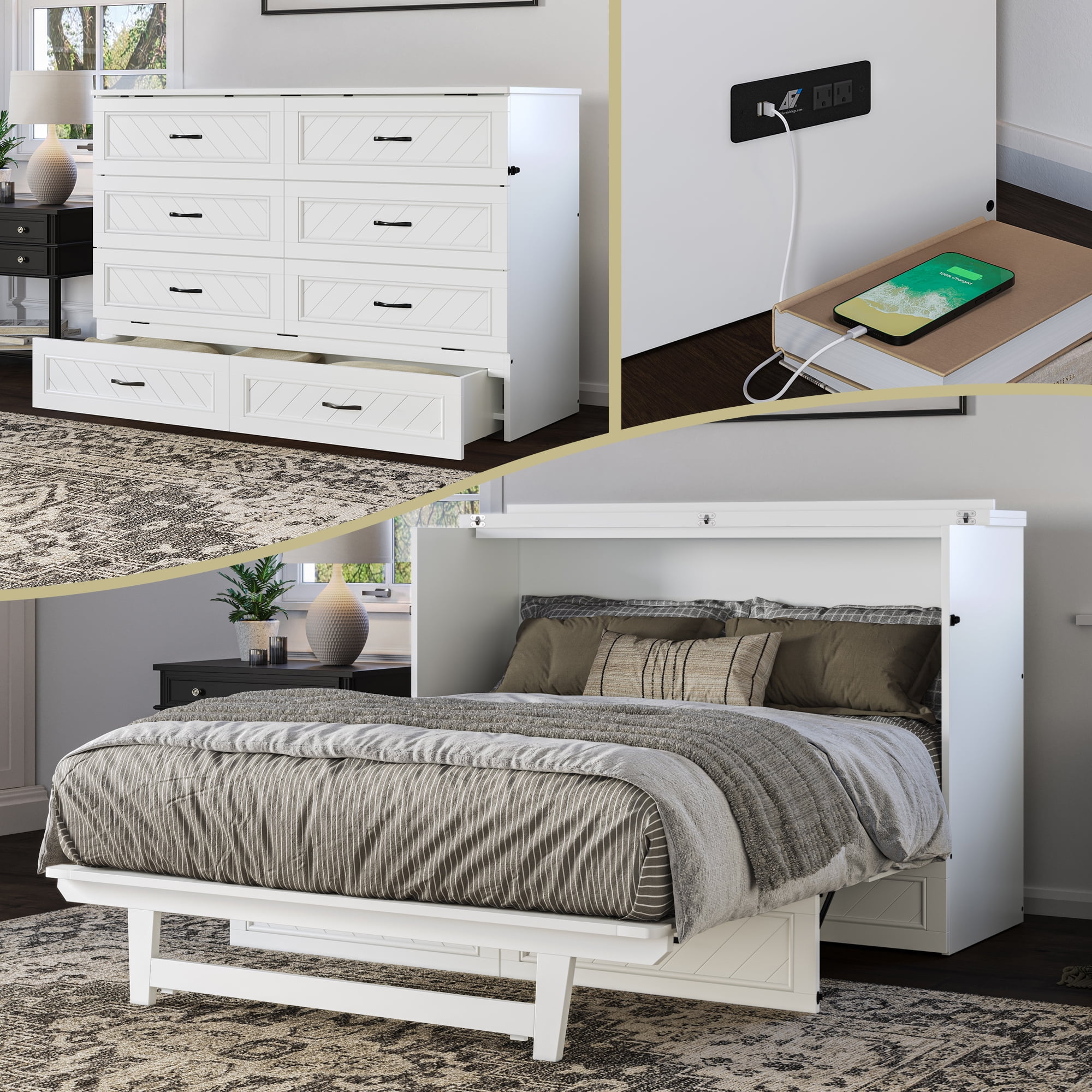 AFI Dakota Queen Wood Murphy Bed Chest with Storage Drawer and Built-in ...