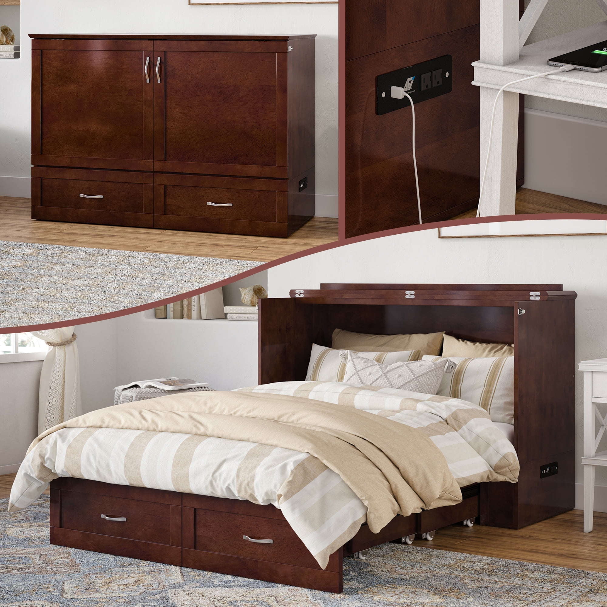 AFI Hamilton Full Solid Wood Murphy Bed Chest with 6" Mattress, Drawer ...