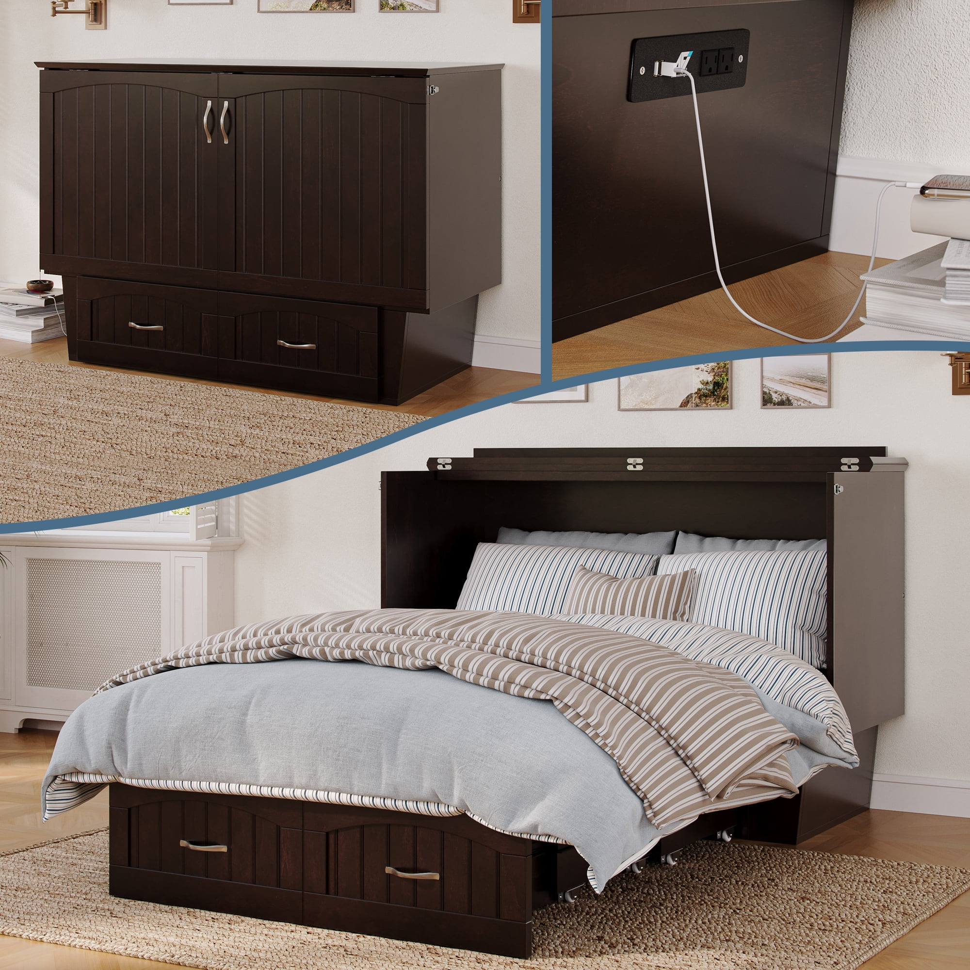 AFI Nantucket Full Solid Wood Murphy Bed Chest with Mattress, Drawer ...