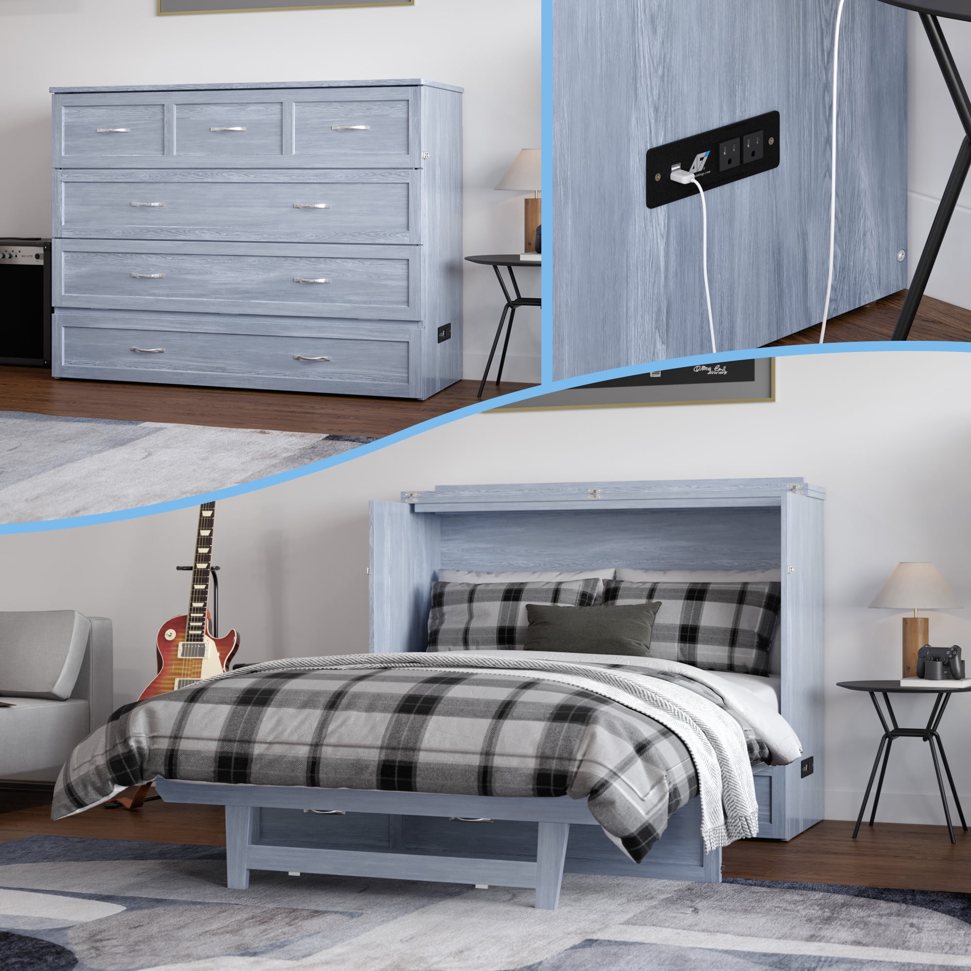 AFI Northfield Full Wood Murphy Bed Chest with 6" Mattress, Drawer ...