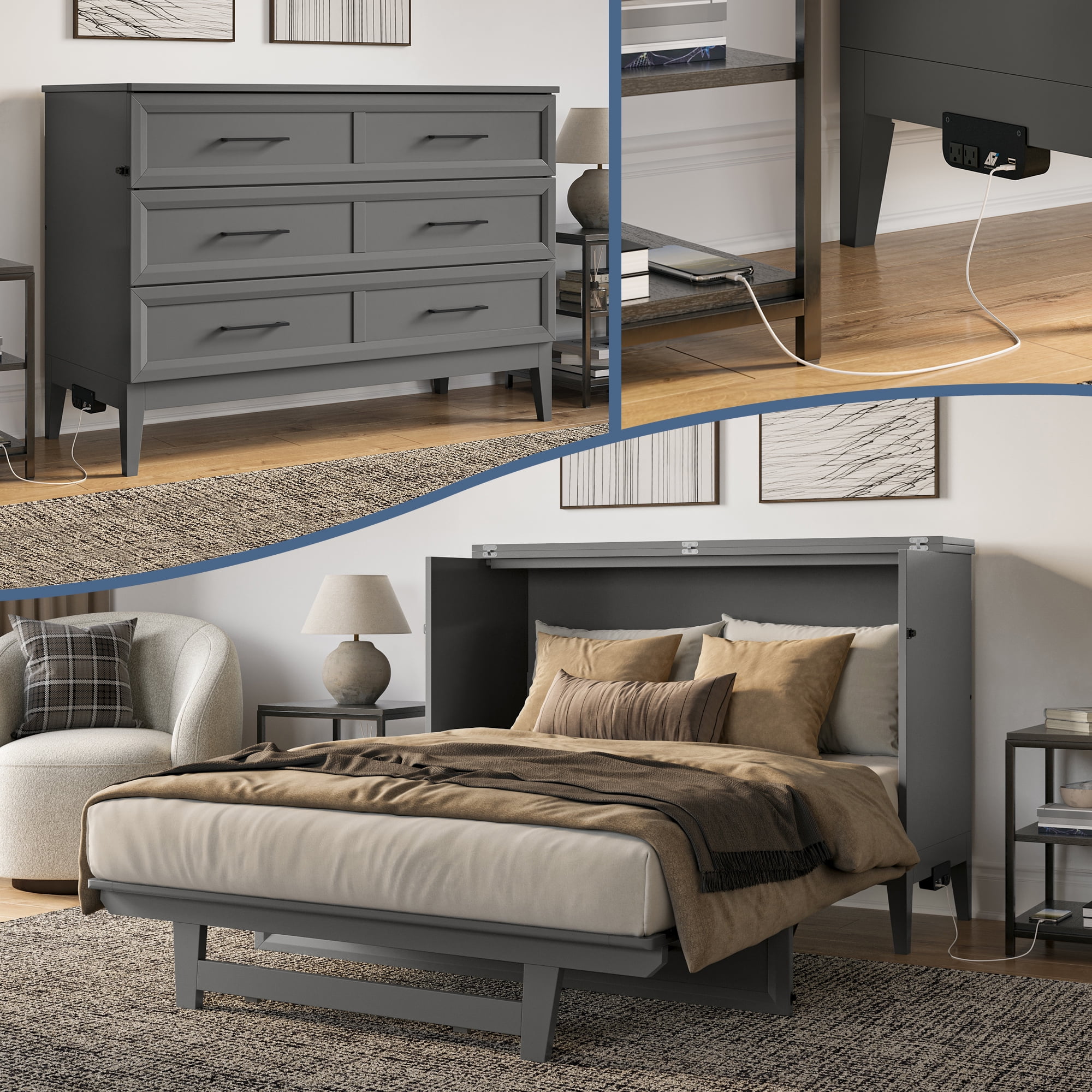 AFI Santa Fe Murphy Bed Chest, Full Size, Grey, with Gel-Infused Memory ...