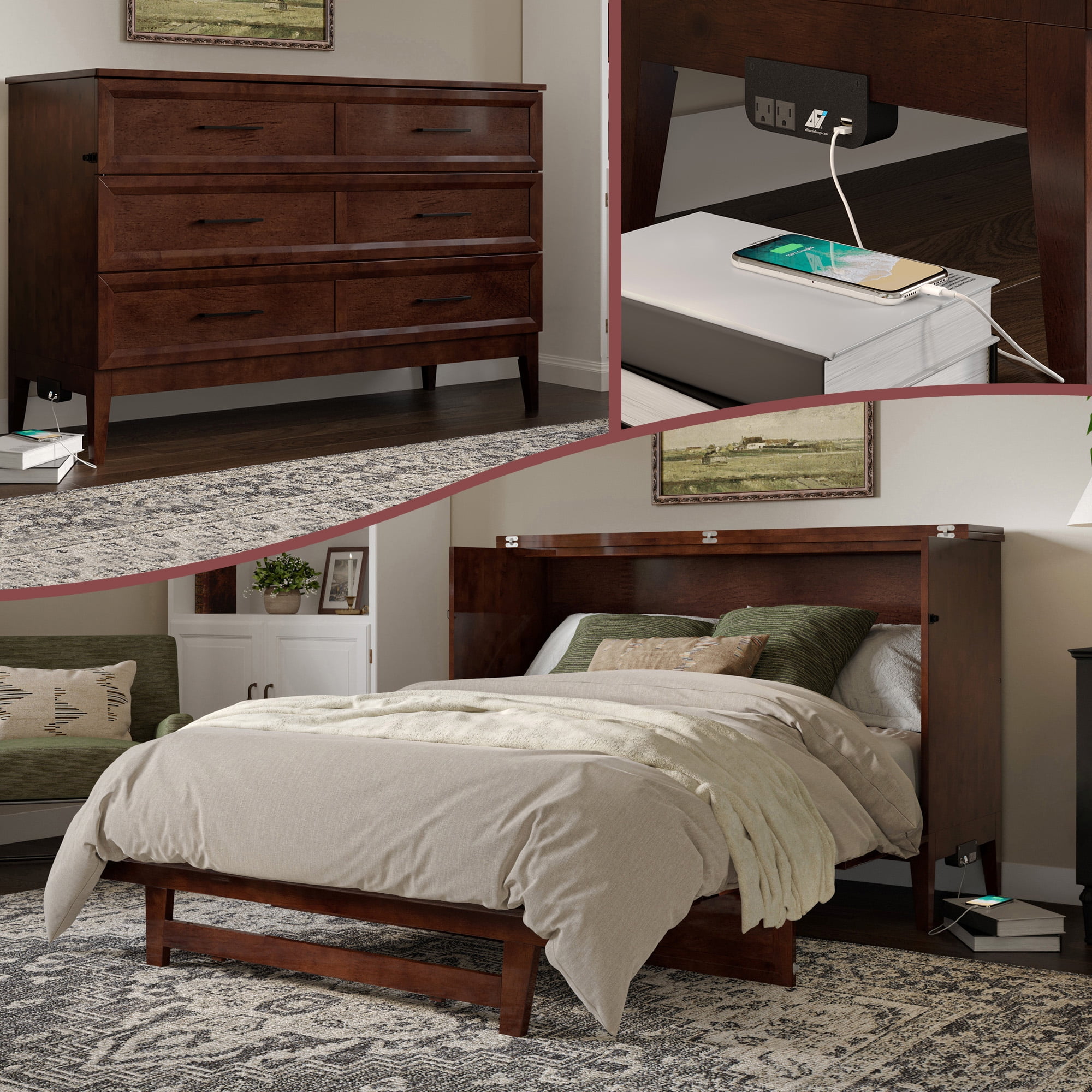AFI Santa Fe Queen Wood Murphy Bed Chest with 6" Mattress and Charger ...