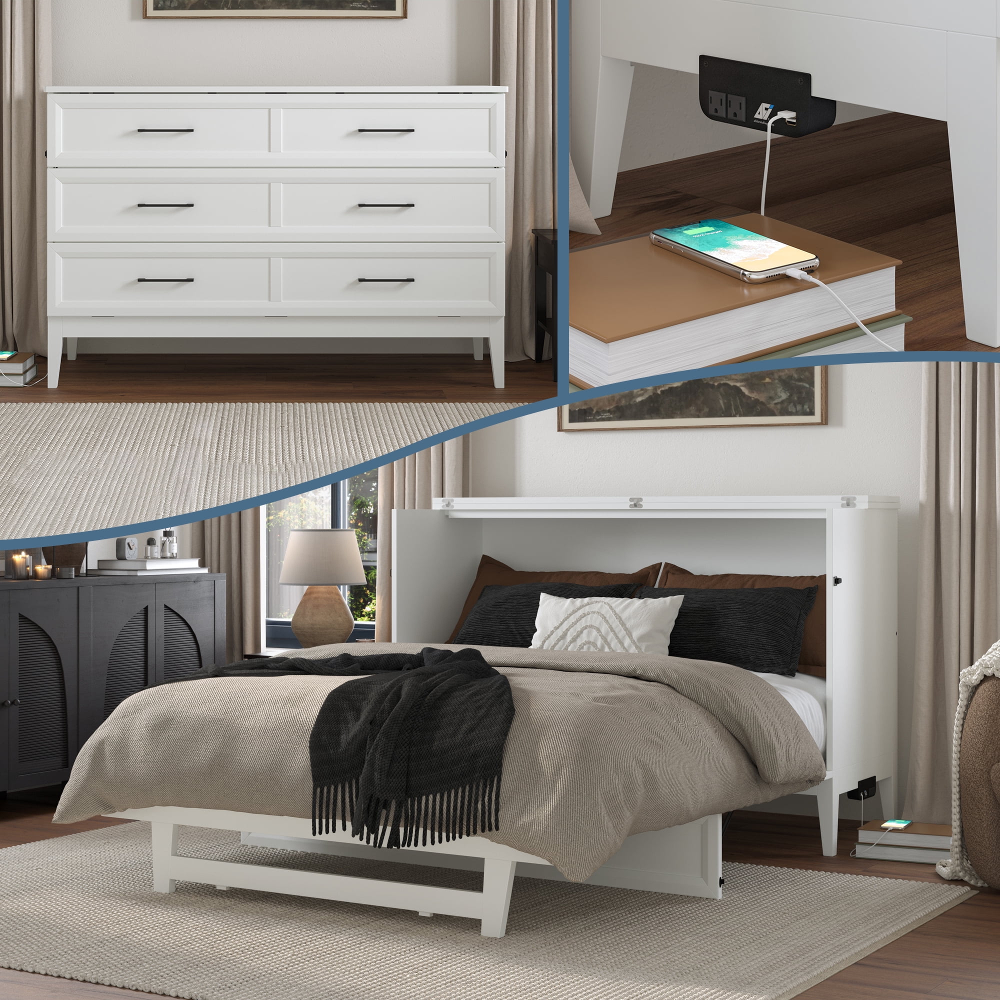 AFI Santa Fe Queen Wood Murphy Bed Chest with 6" Mattress and Charger ...