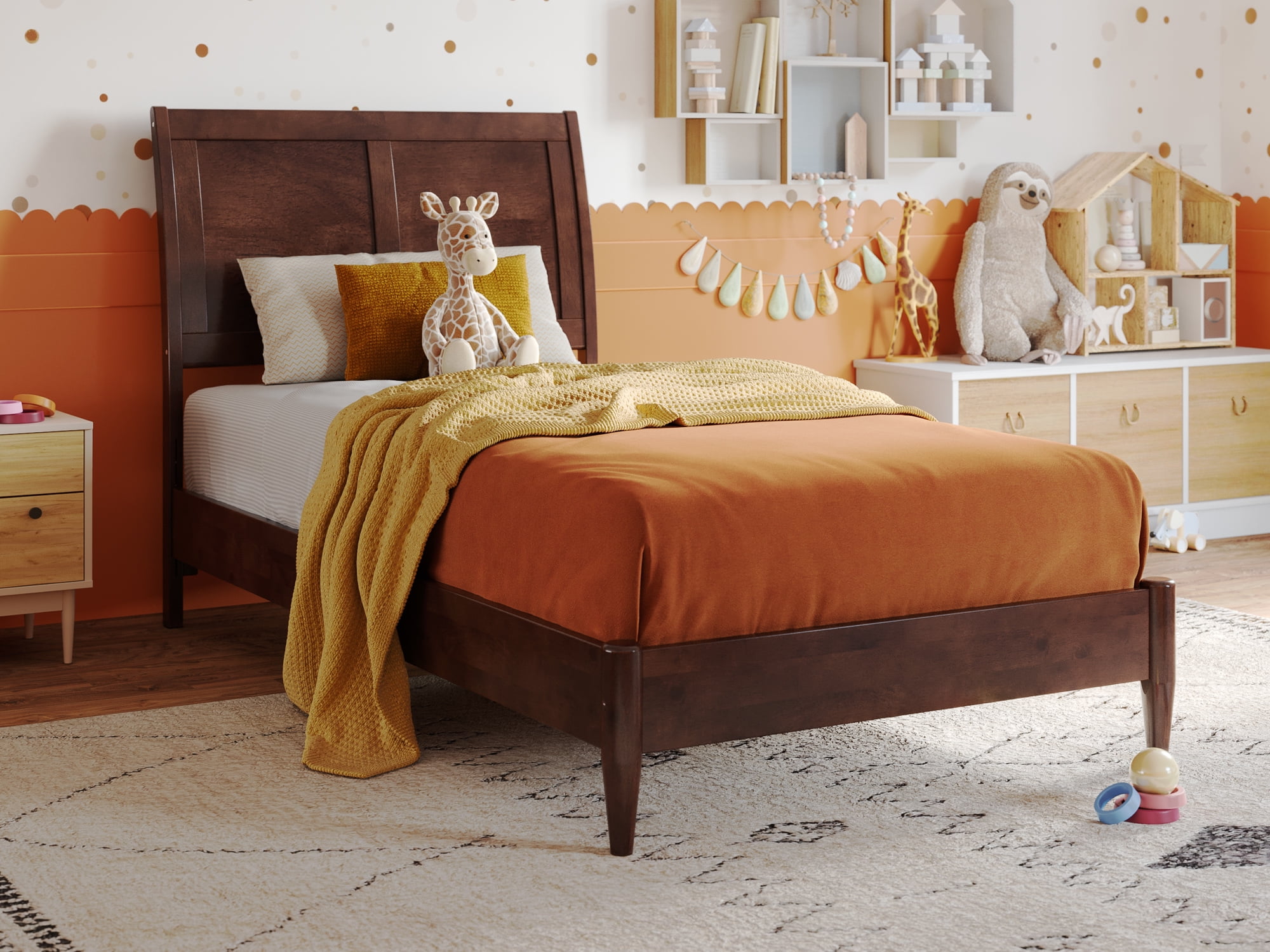 AFI Valencia Twin Solid Wood Low Profile Sleigh Platform Bed, Walnut ...