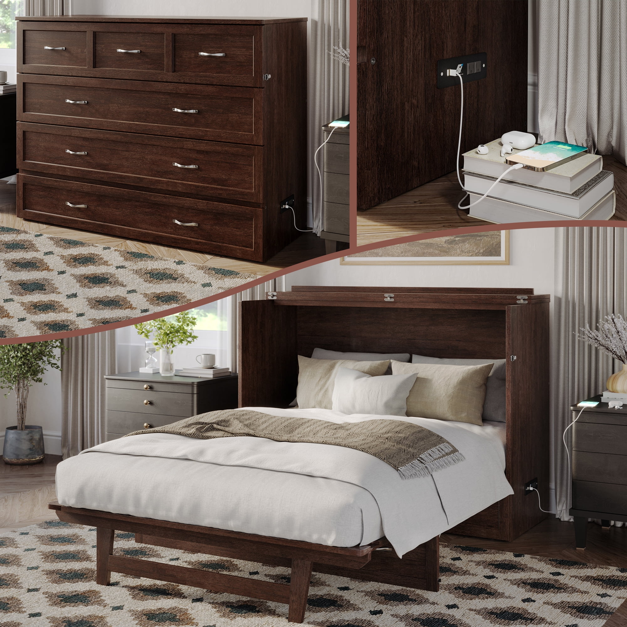 AFI Vivian Full Wood Murphy Bed Chest with Drawer & Charger, Burnt ...