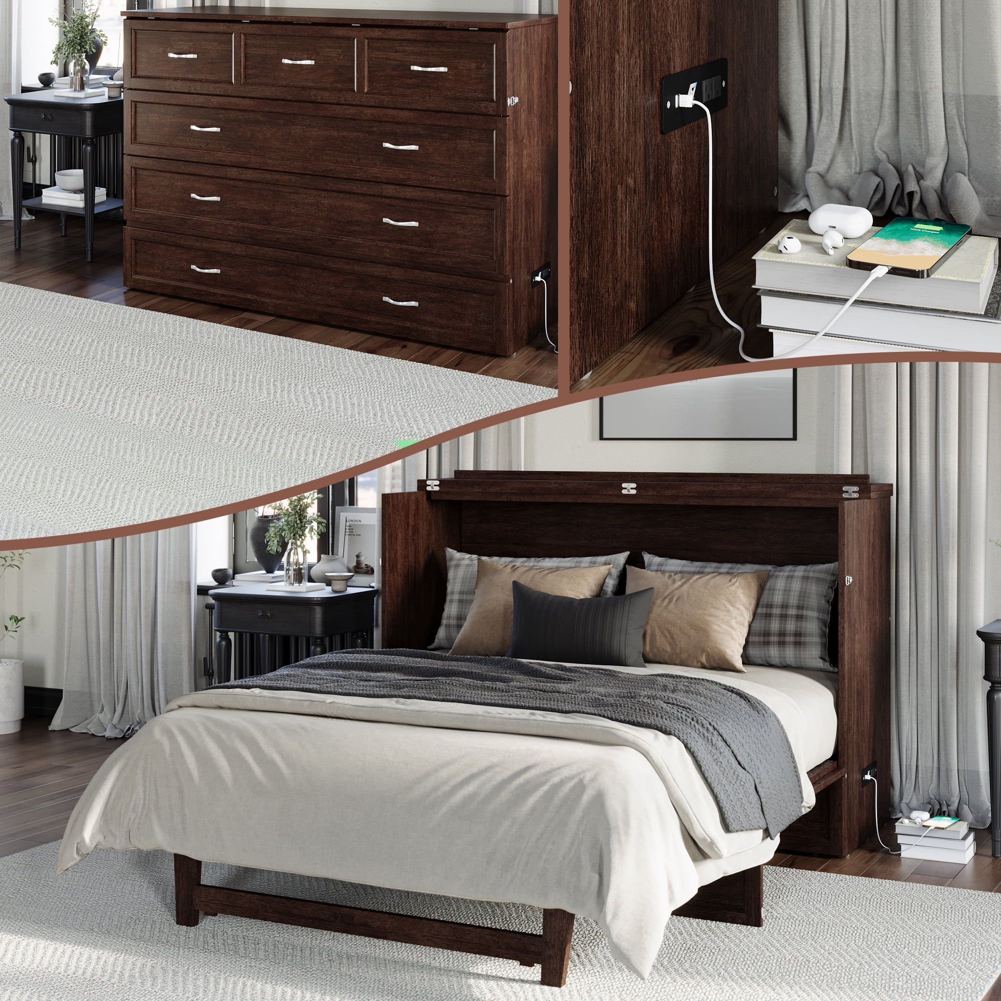 AFI Vivian Queen Wood Murphy Bed Chest with Drawer & Charger, Burnt ...