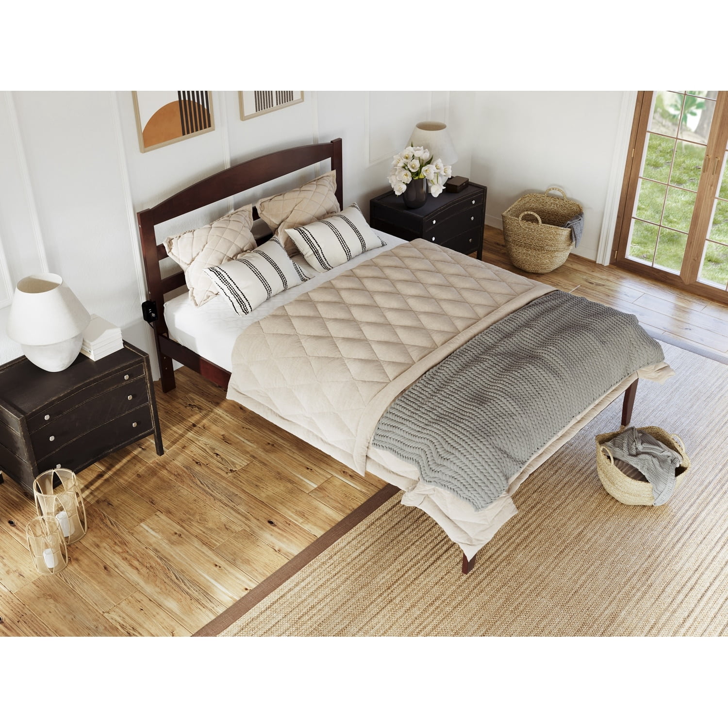 AFI Warren Solid Wood Platform Bed with Attachable USB Charger Walnut ...