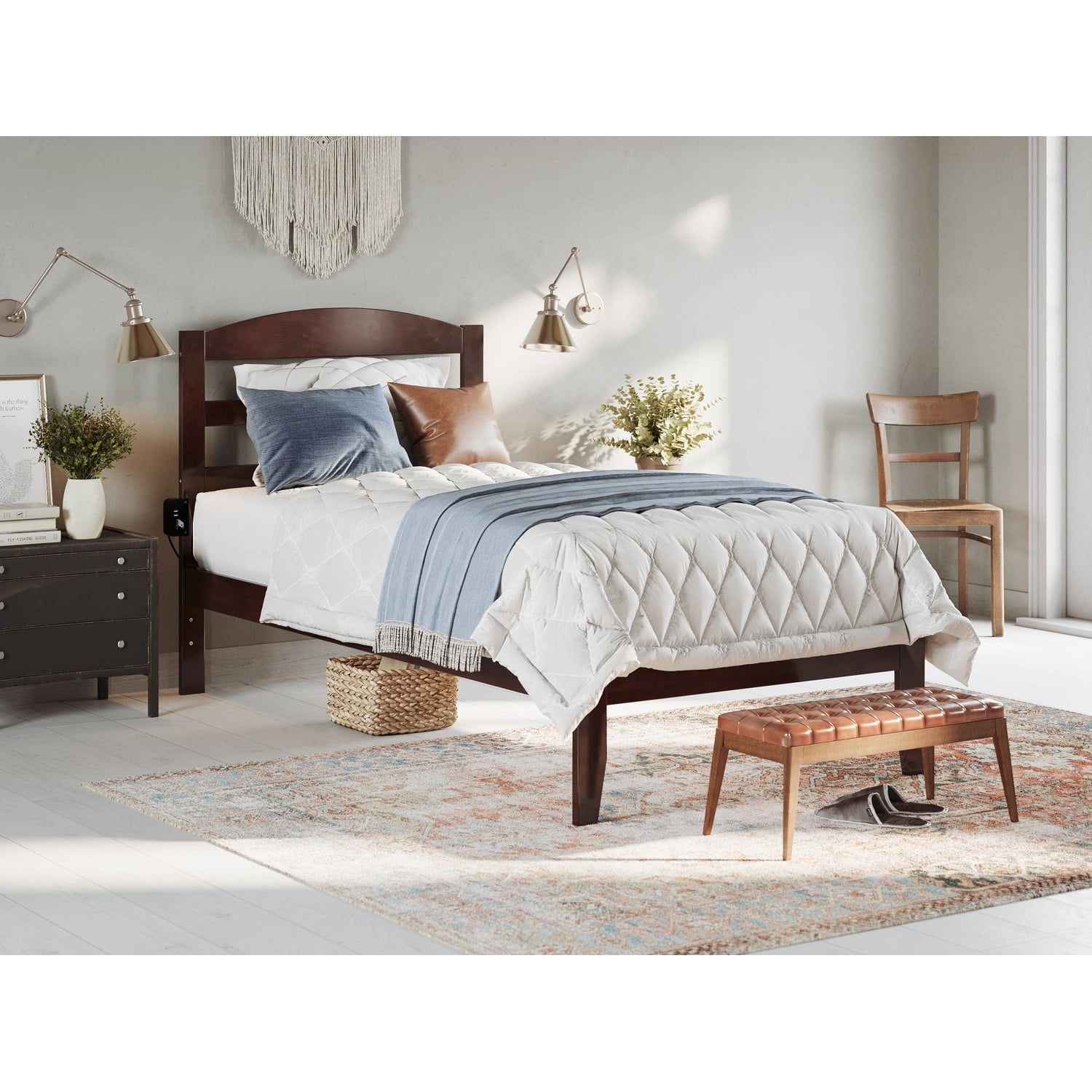 AFI Warren Solid Wood Platform Bed with Attachable USB Charger Walnut ...