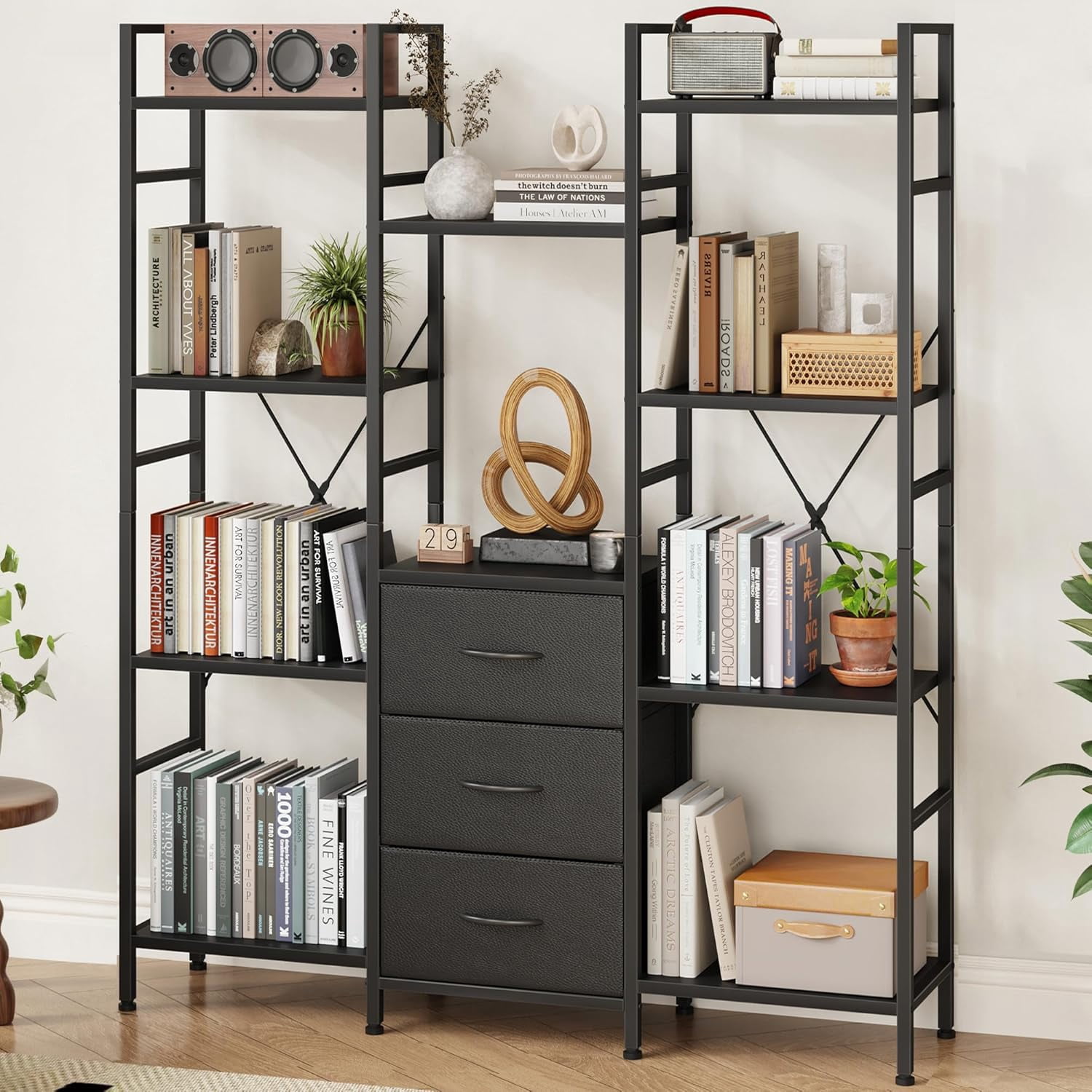 AFLUI Triple Bookshelf with 3 Fabric Drawers, 4-Tier Book Shelf and 10 ...