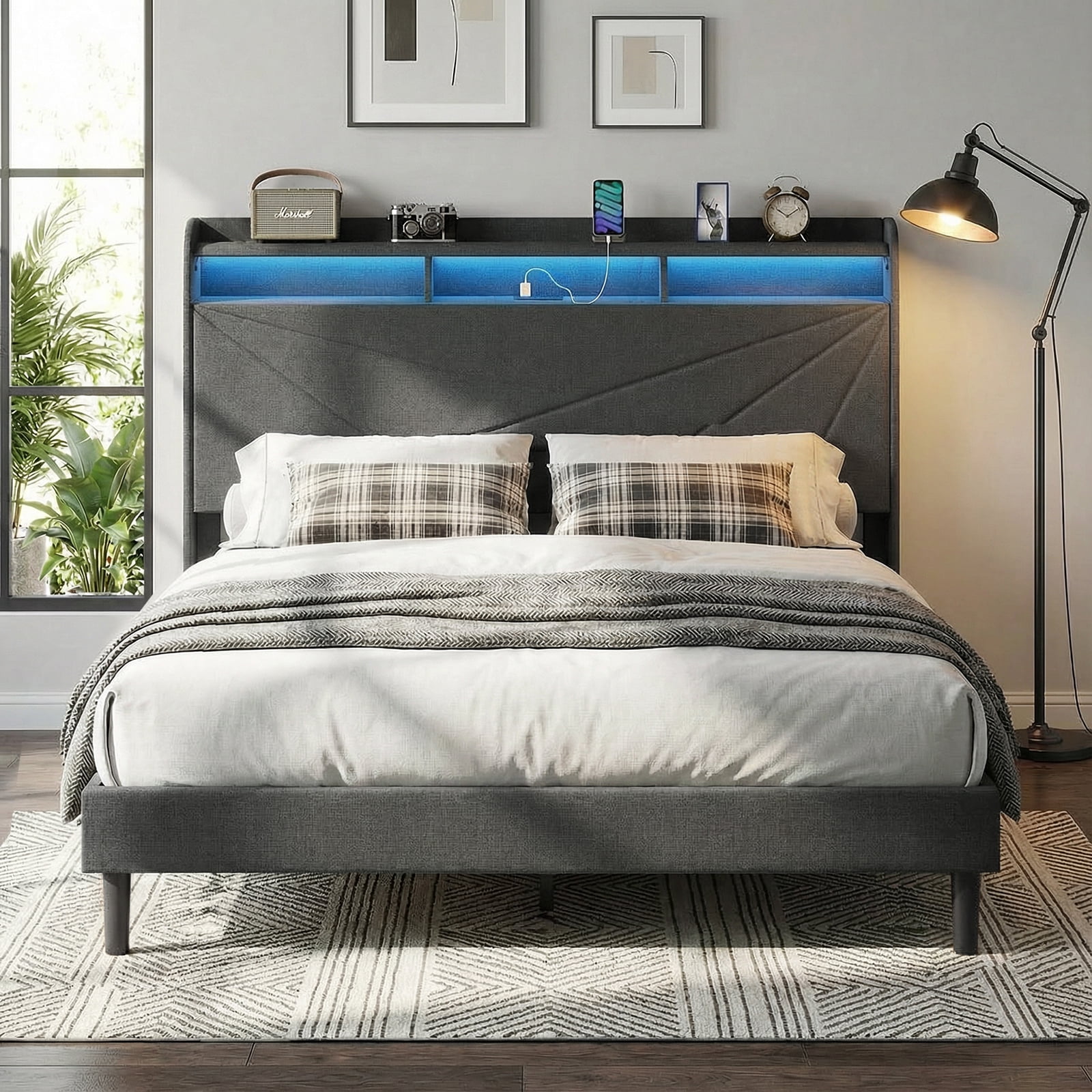 AFO Bed Frame w/ Charging Station & LED Lights, Upholstered Headboard ...
