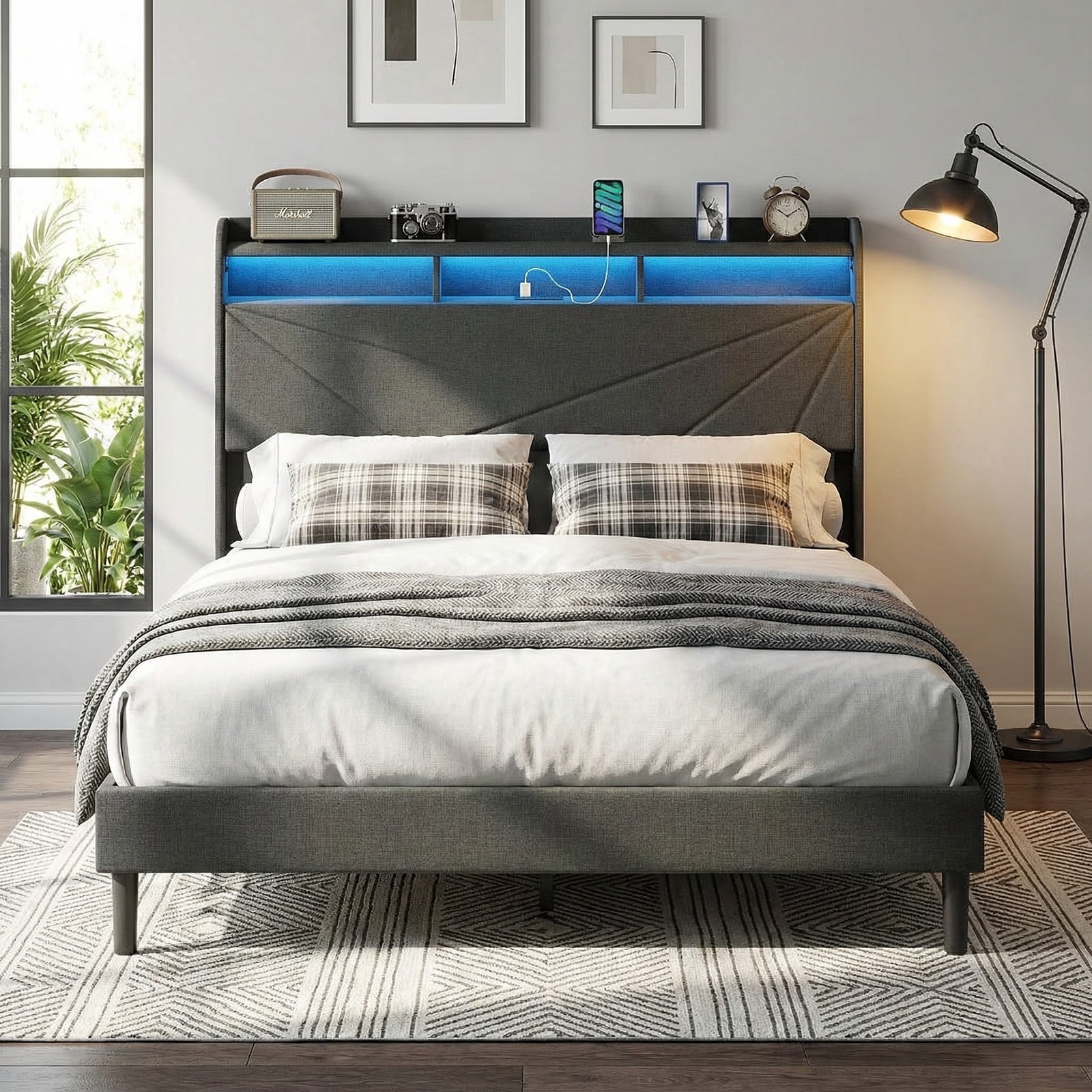 AFO Bed Frame w/ Charging Station & LED Lights, Upholstered Headboard ...