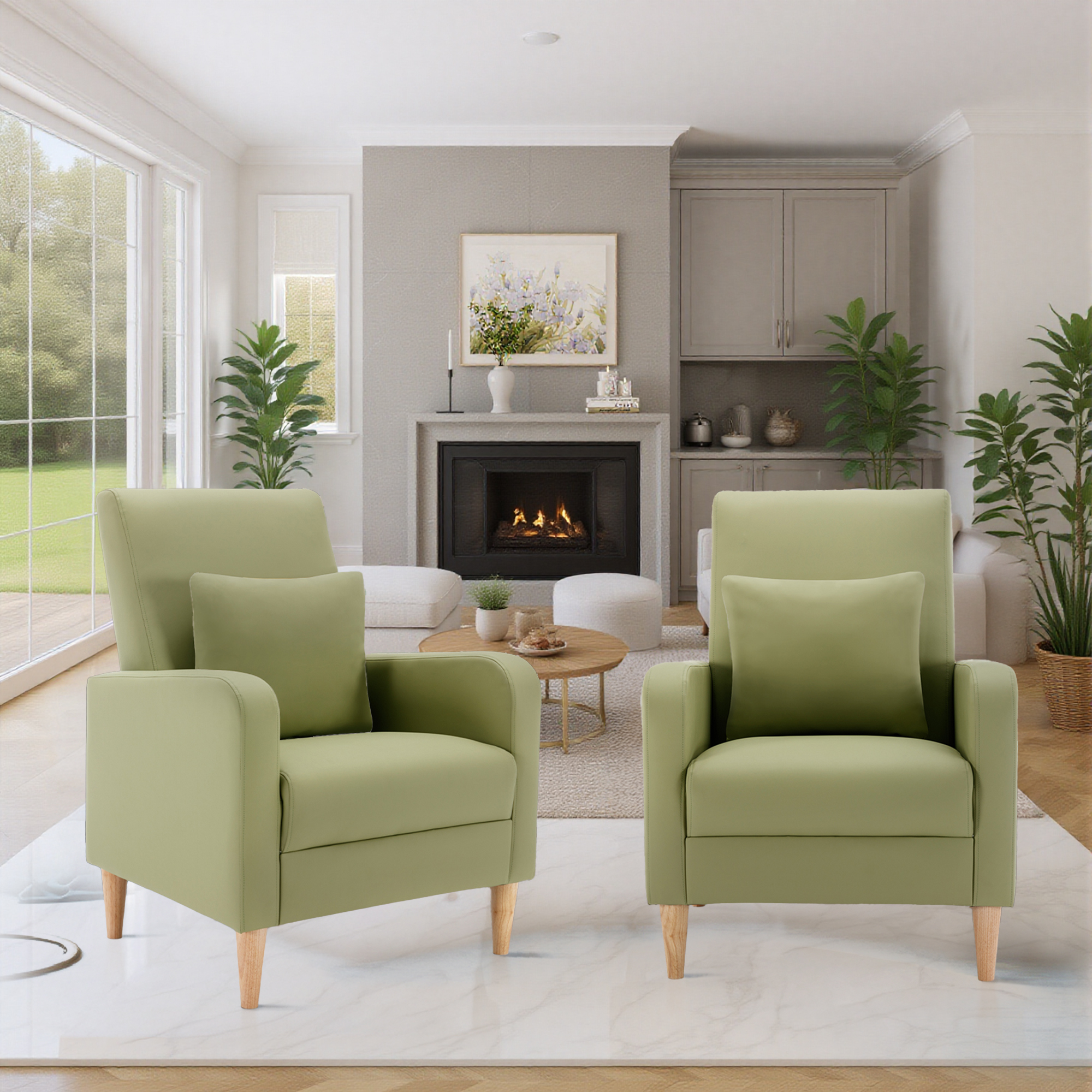 AFO Mid-Century Modern Leather Upholstered Accent Chair Set of 2 with ...