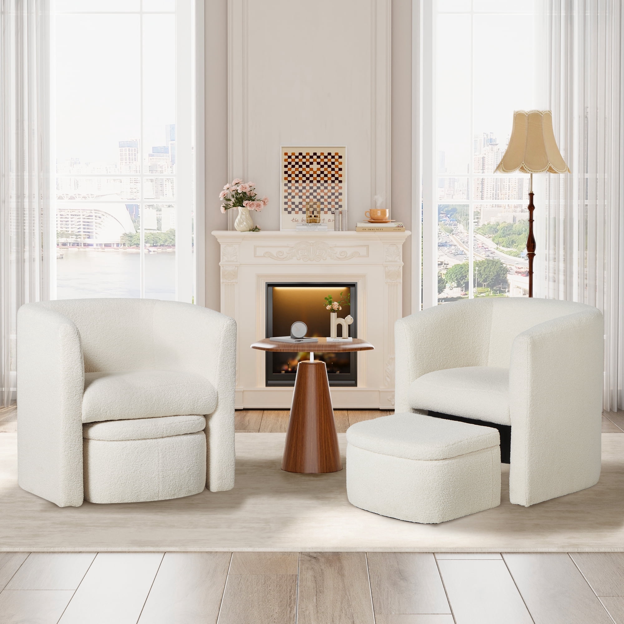 AFO Modern Accent Chair Set of 2 with Storage Ottoman, Velvet Barrel ...