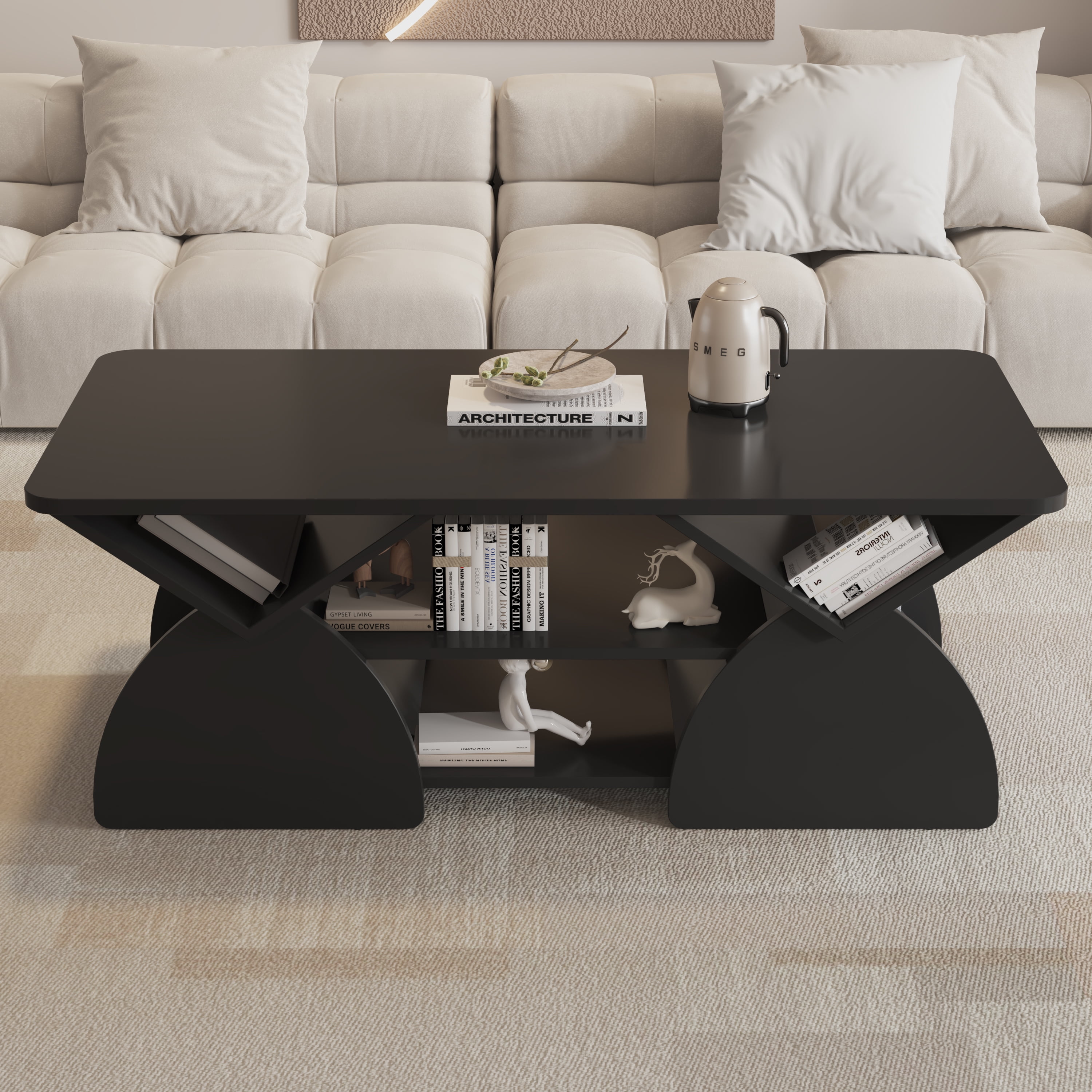 AFO Modern Geometric Coffee Table with Storage Open Shelves Engineered ...