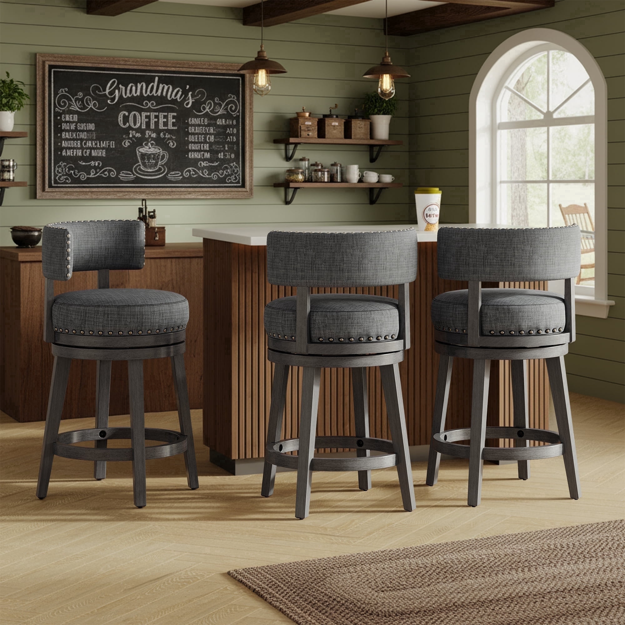 AFO Upholstered Swivel Bar Stool Set of 3 with Back - 24 Inch Counter ...