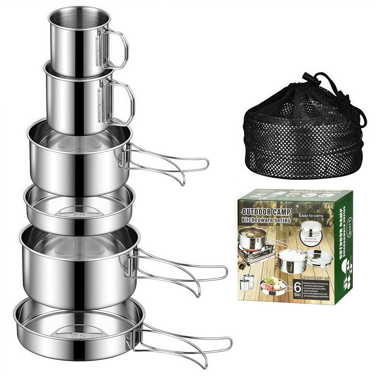 AFQH 6 Pcs Stainless Steel Camping Cookware Set Foldable Pots for ...