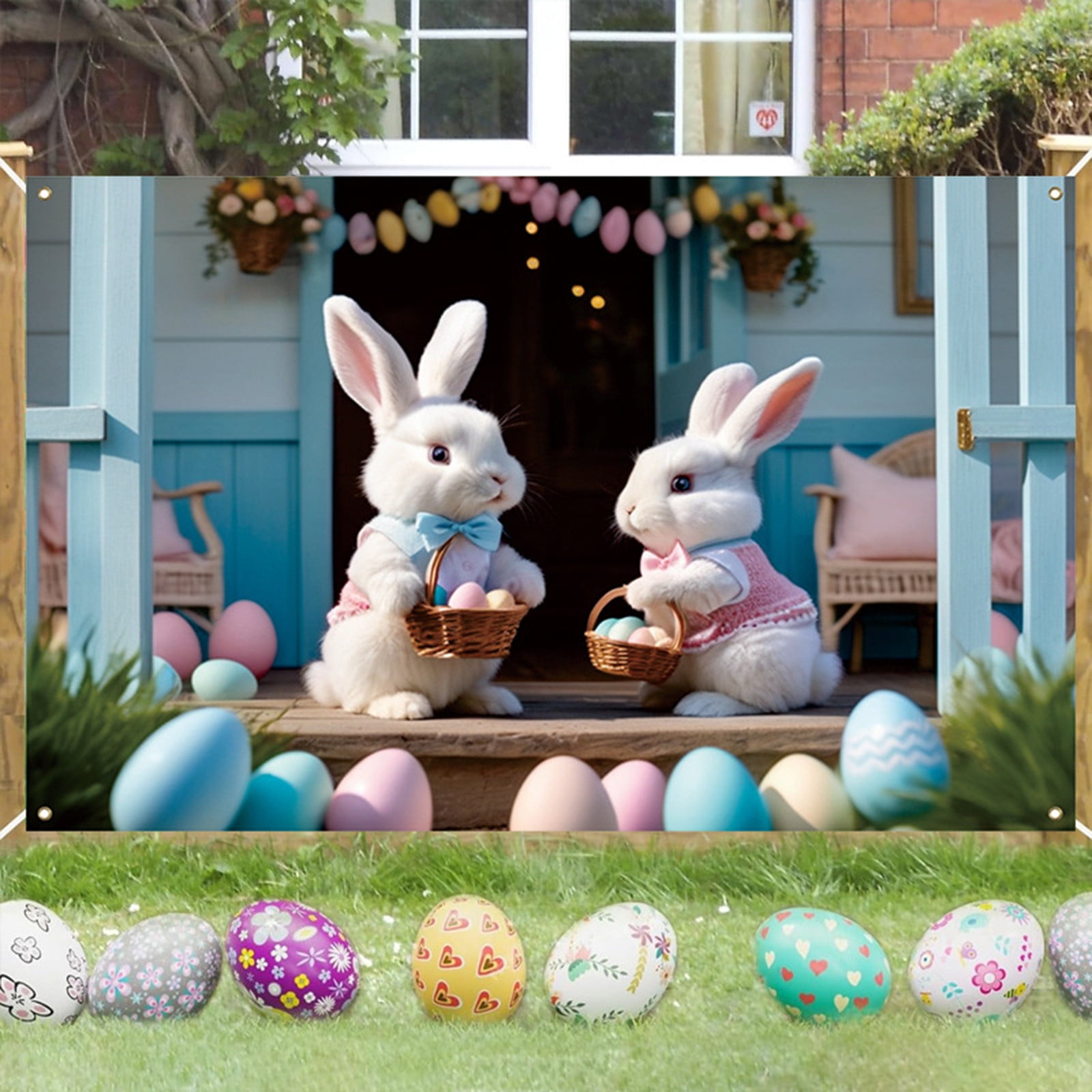 AFUADF Happy Easter Background Countrys Style Bunny Eggs Party Scene ...