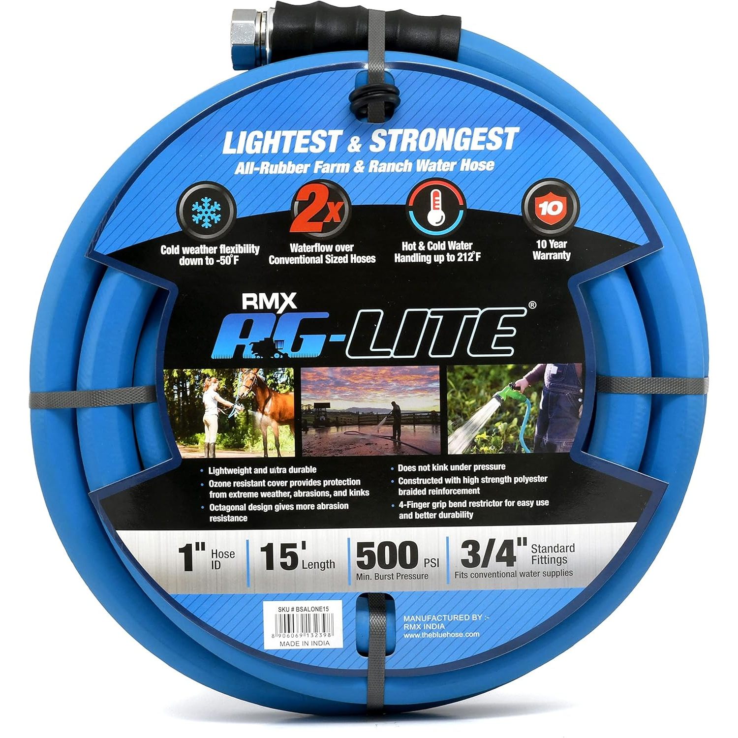 AG-LITE BSALONE15 1" x 15' Hot/Cold Water Rubber Garden Hose, 100% ...