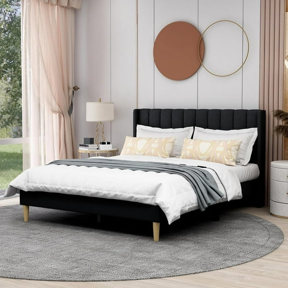AGARTT Upholstered Platform Queen Size Bed Frame with Headboard Wooden ...