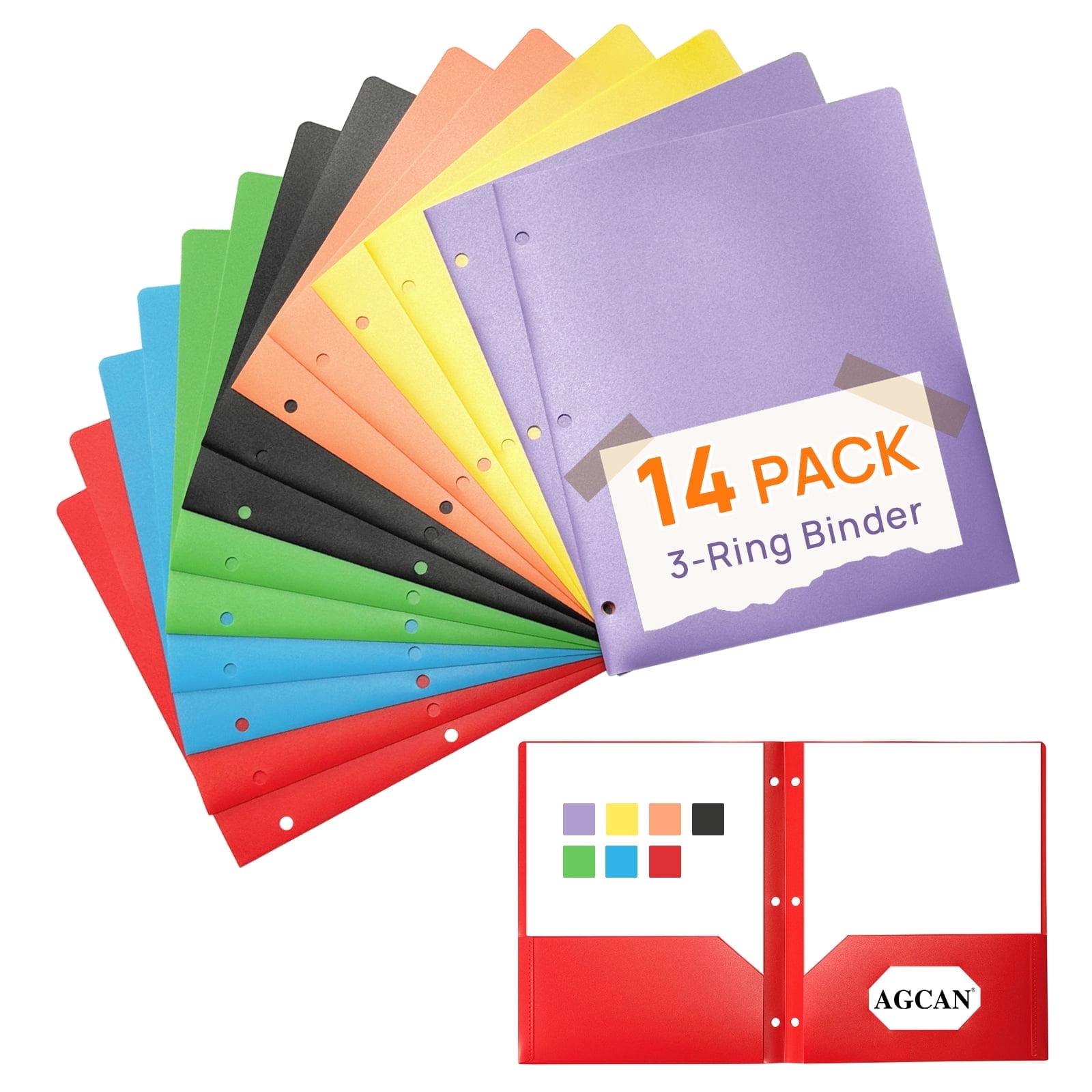 AGCAN 14 Pack Assorted Colors 3 Ring Plastic Folders with Pockets, 8 ...