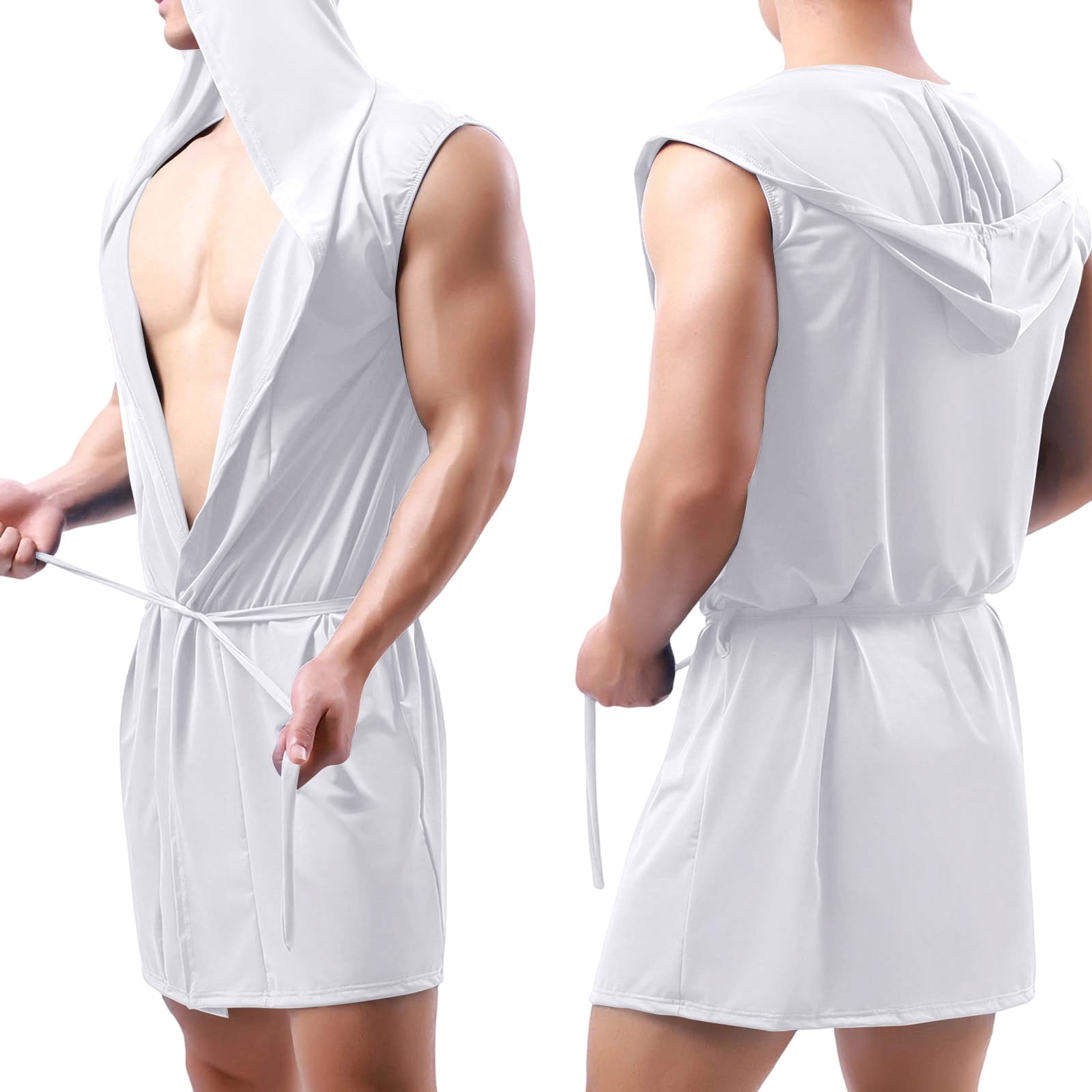 AGKIZG Men Summer Hooded Sleeveless Thin Bathrobe Solid Color Waist ...
