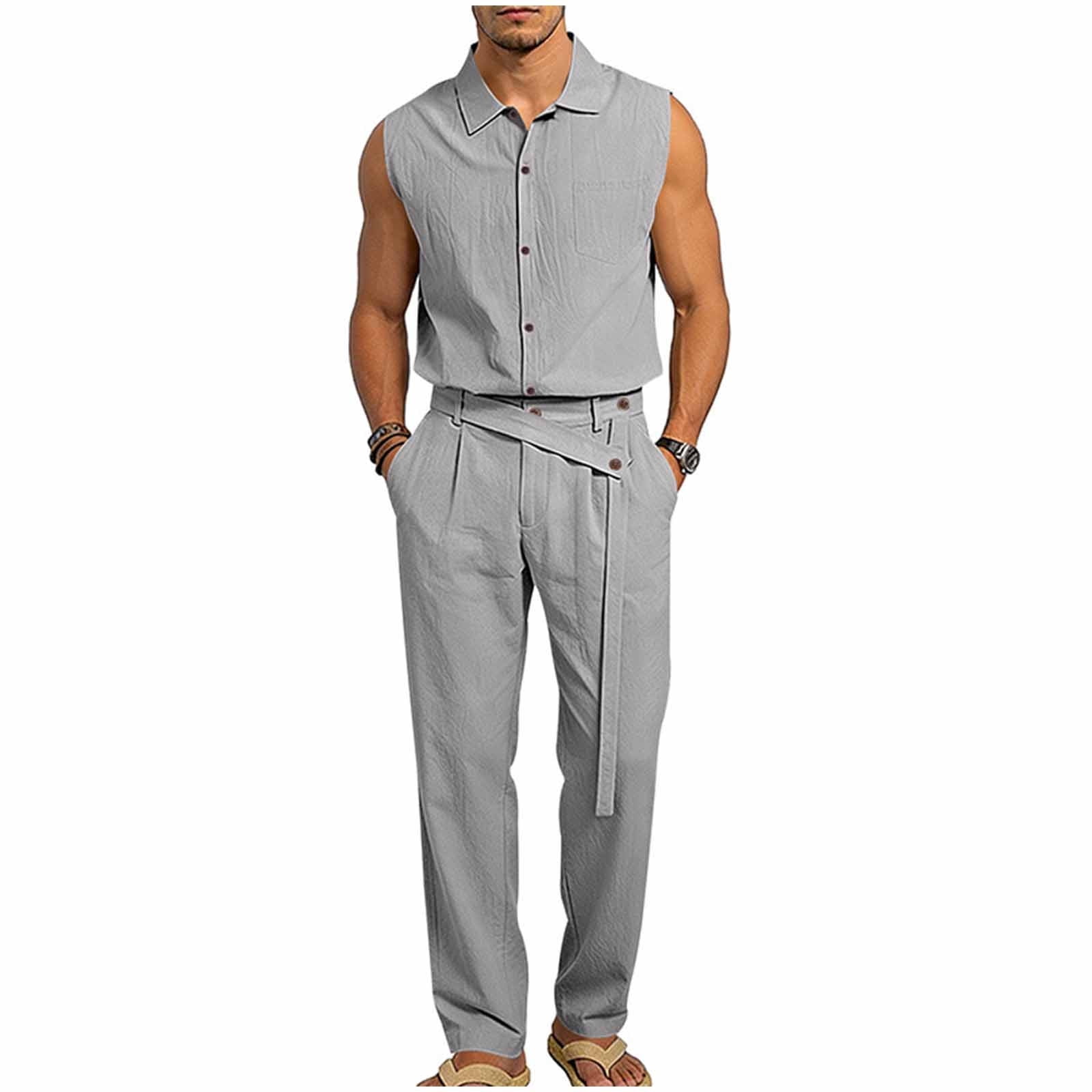 AGKIZG Men's Casual Solid Color Linen Fashion Button Waist Long Pants ...