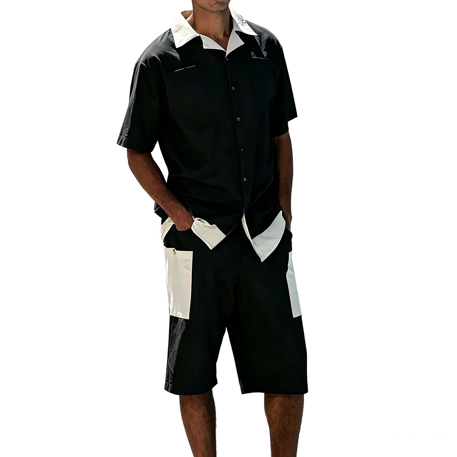 AGKIZG Men's Color Short Sleeve Collar Top with Pocket Shorts Casual 2 ...