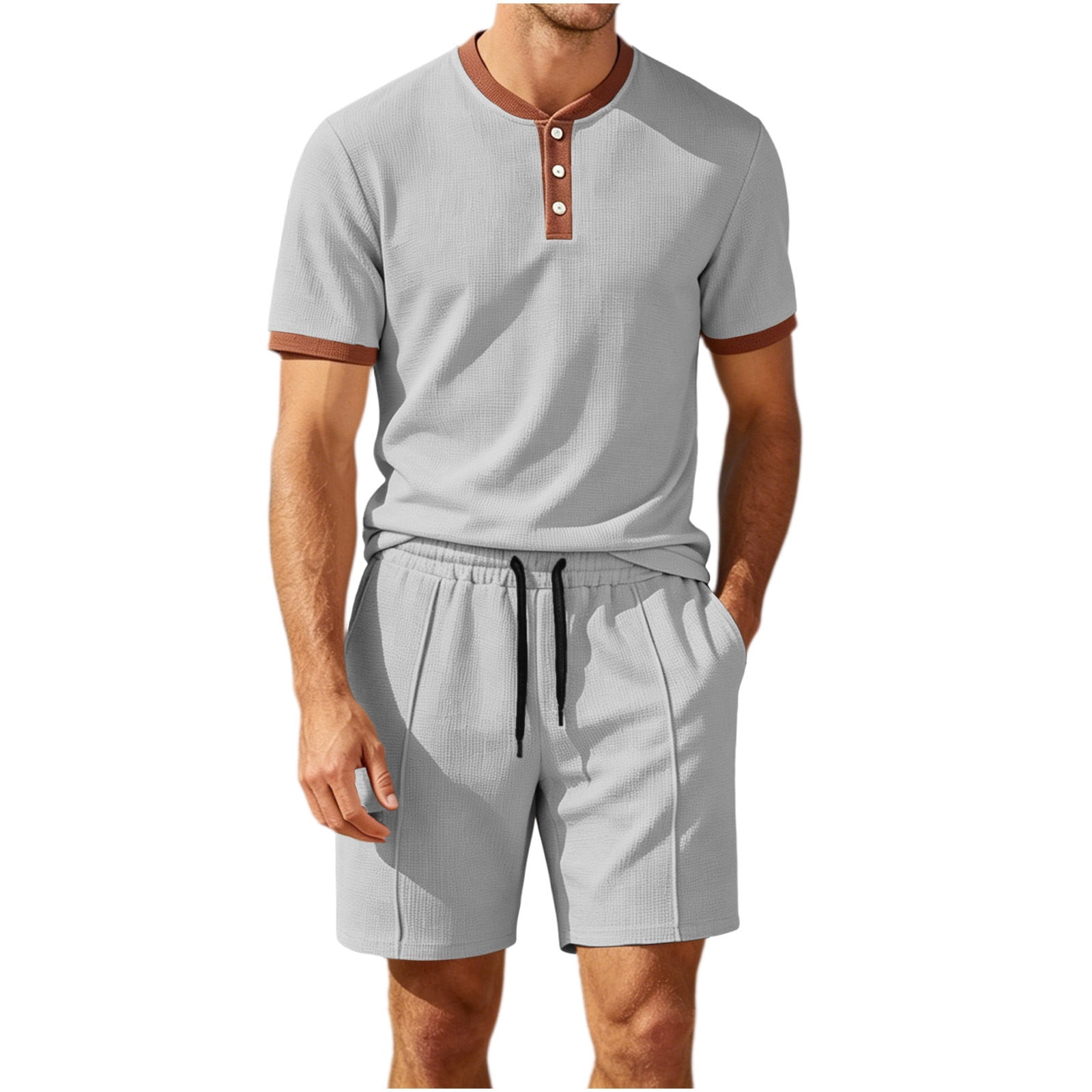 AGKIZG Men's Knit Collar Color Neck Short Sleeve Button Pullover Top ...