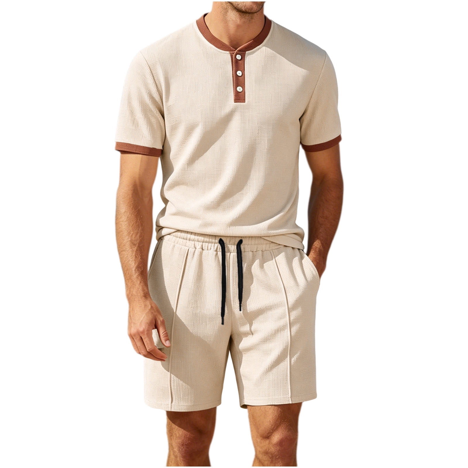 AGKIZG Men's Knit Collar Color Neck Short Sleeve Button Pullover Top ...