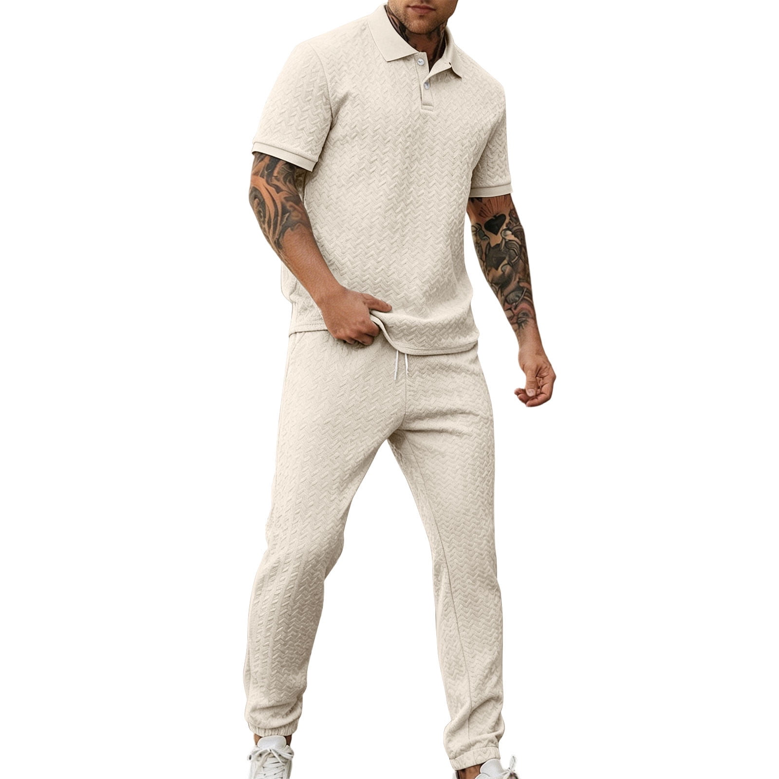 AGKIZG Men's Short Sleeve Collar Top and Long Pants Casual 2 Piece ...
