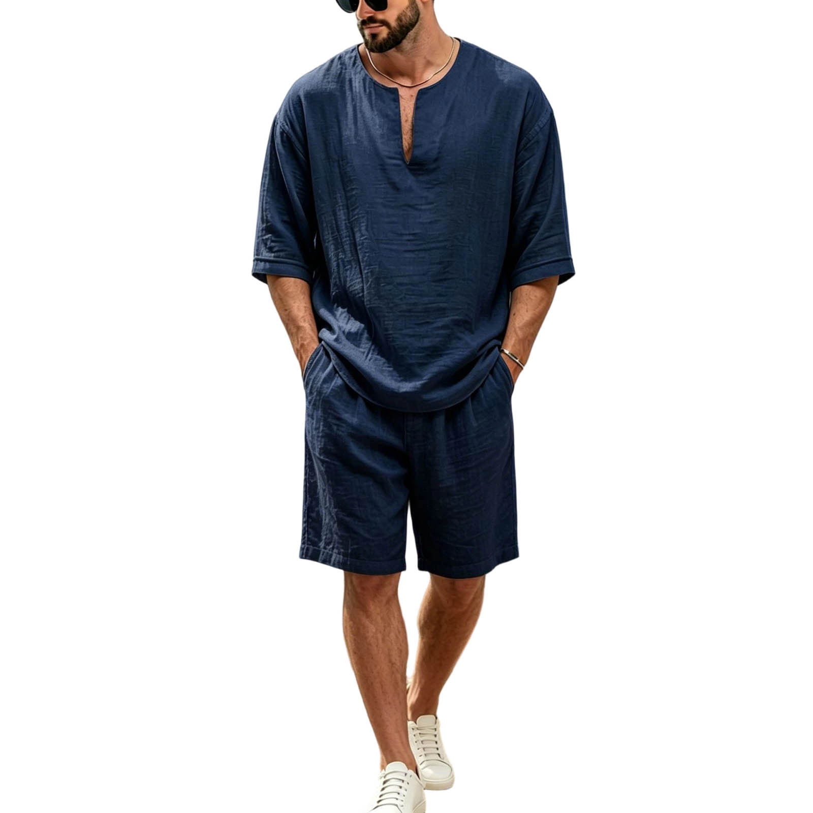 AGKIZG Men's Solid Color 3/4 Sleeve V Neck Top Elastic Waist Shorts ...