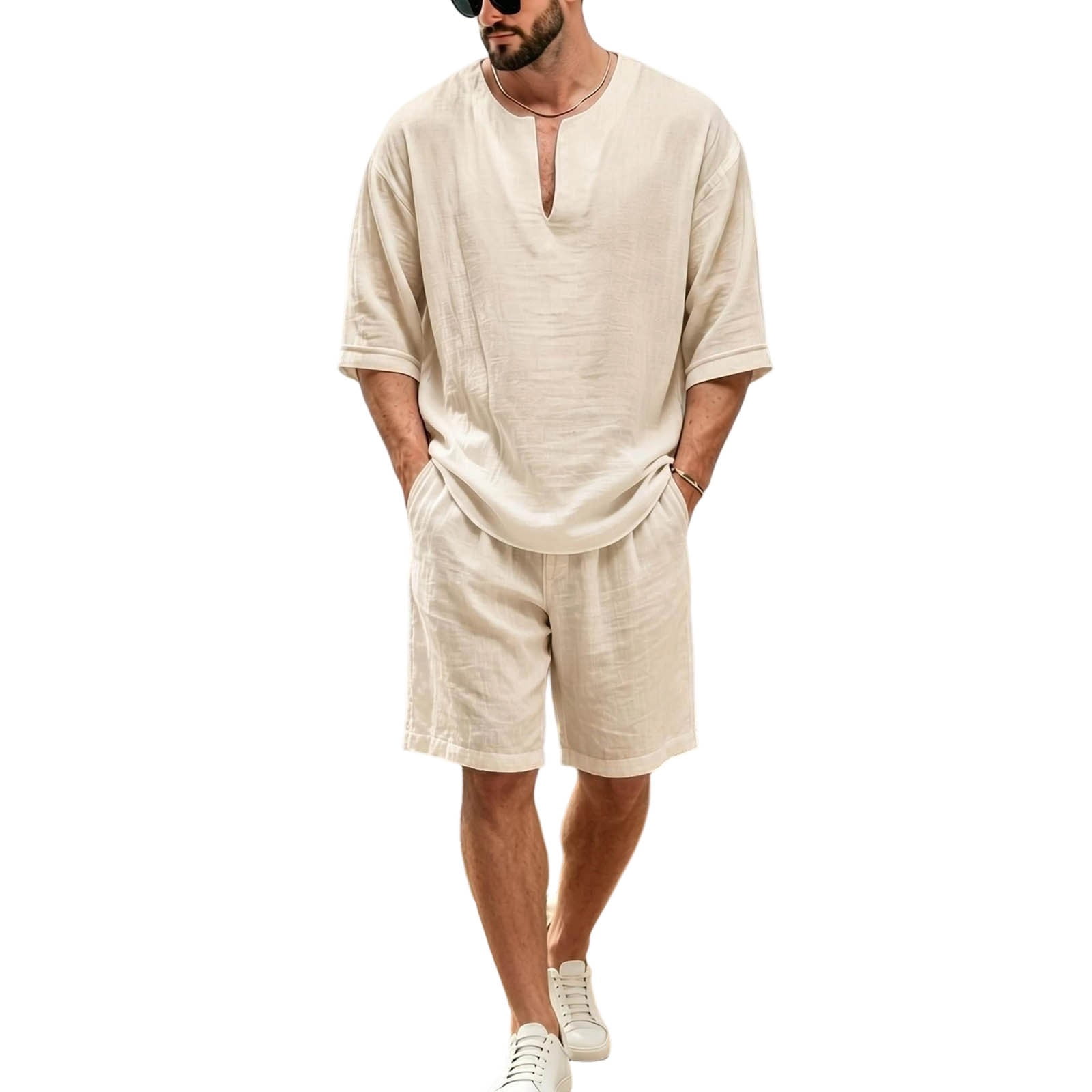 AGKIZG Men's Solid Color 3/4 Sleeve V Neck Top Elastic Waist Shorts ...