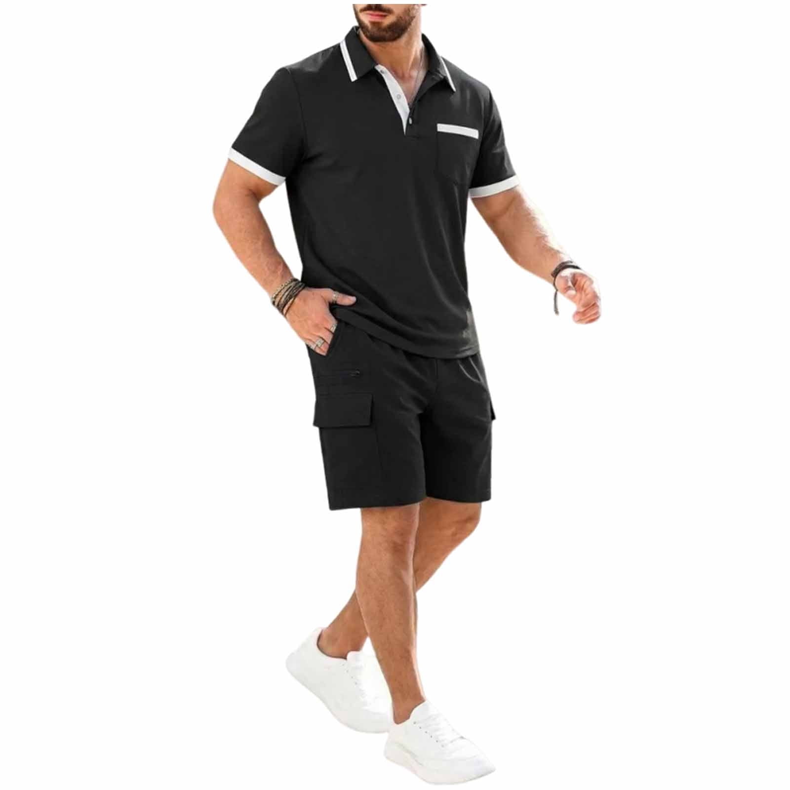 AGKIZG Men's Solid Color Casual Loose Elastic Waist Cargo Shorts Collar ...