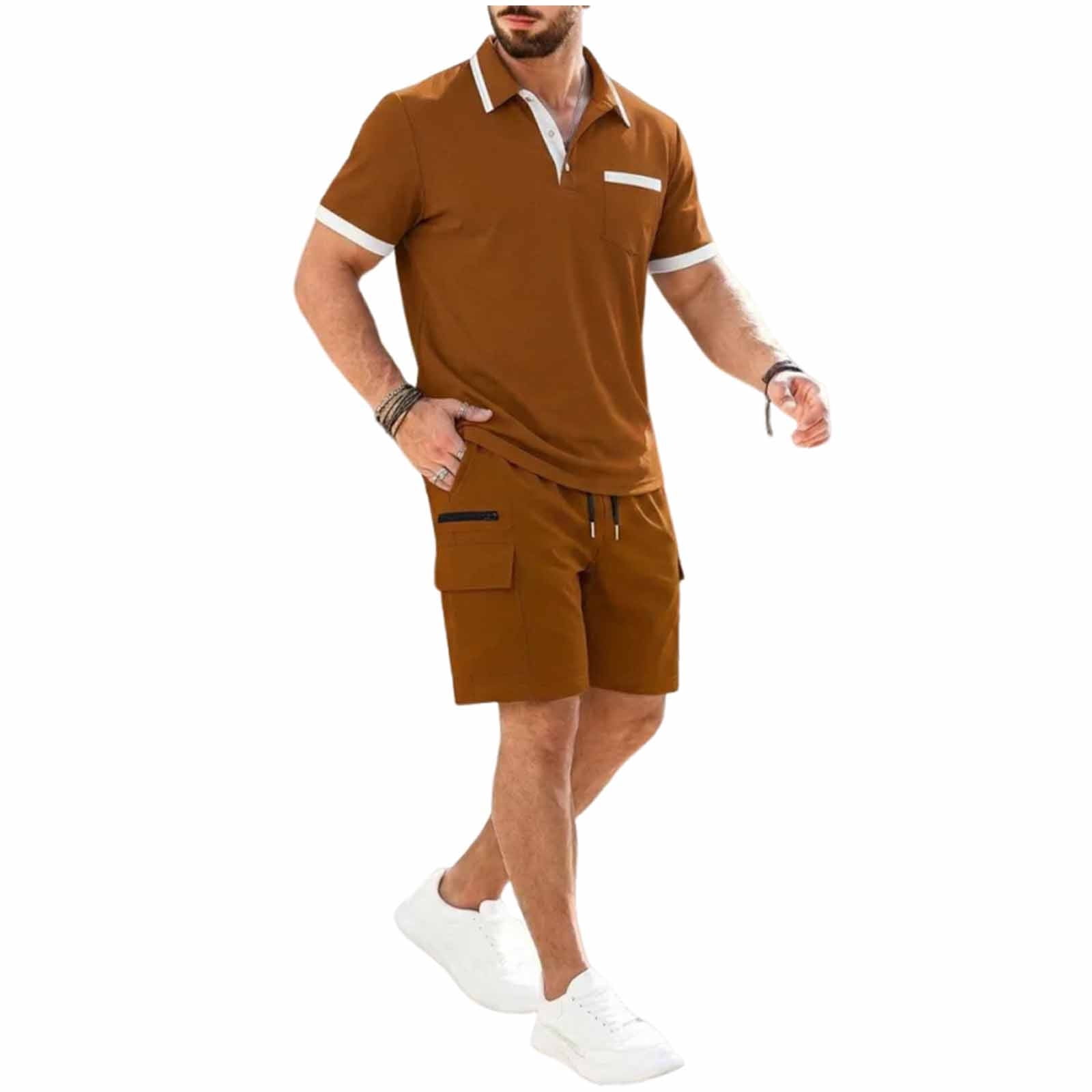 AGKIZG Men's Solid Color Casual Loose Elastic Waist Cargo Shorts Collar ...