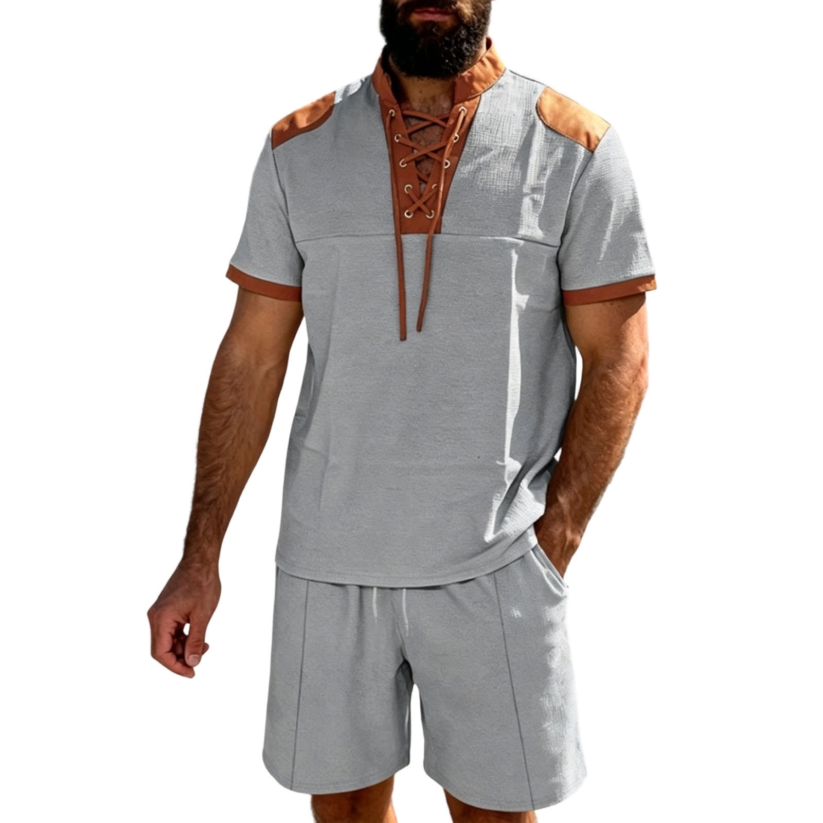 AGKIZG Men's Solid Color Lace Up Shirt Western Cowboy Knit Short Sleeve ...
