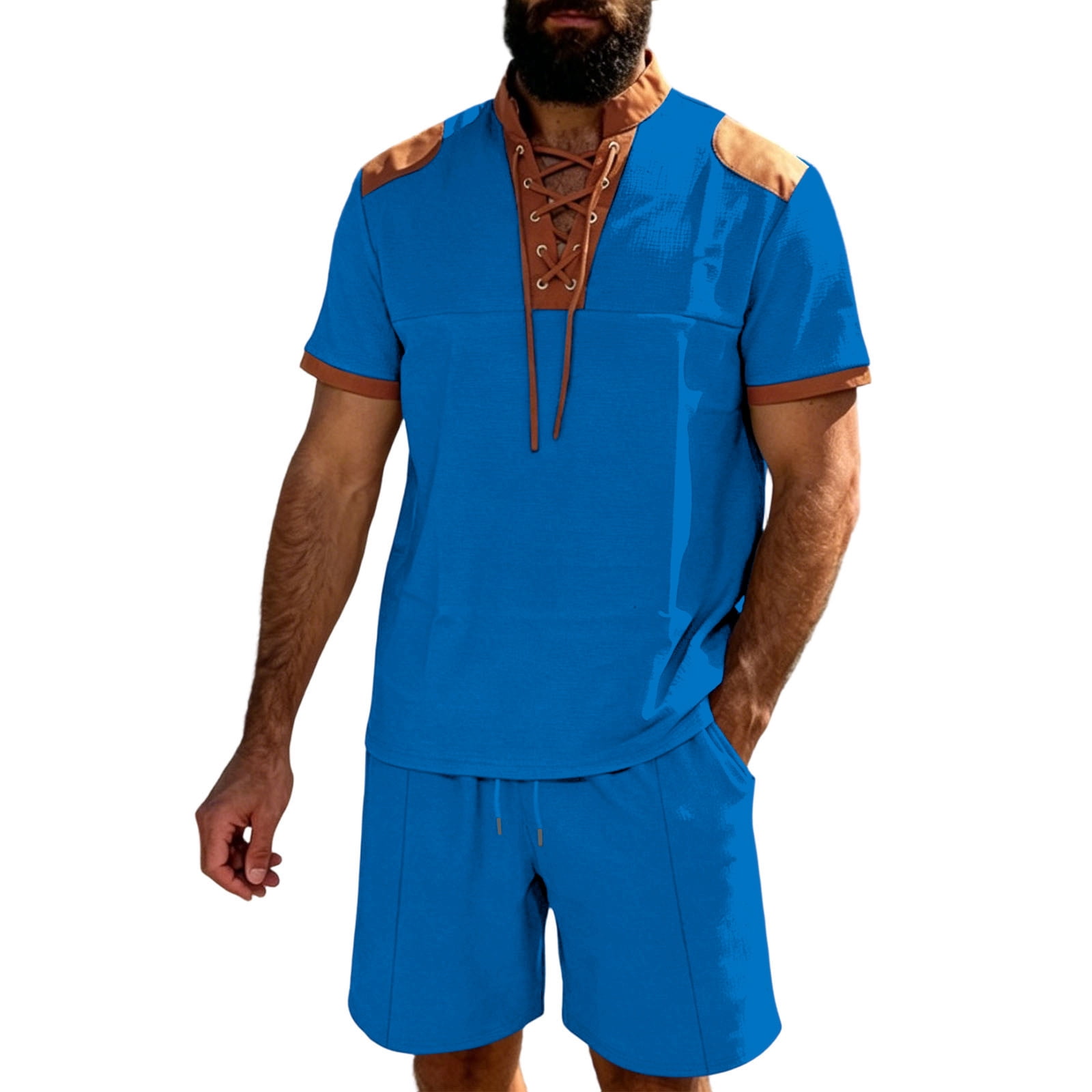 AGKIZG Men's Solid Color Lace Up Shirt Western Cowboy Knit Short Sleeve ...