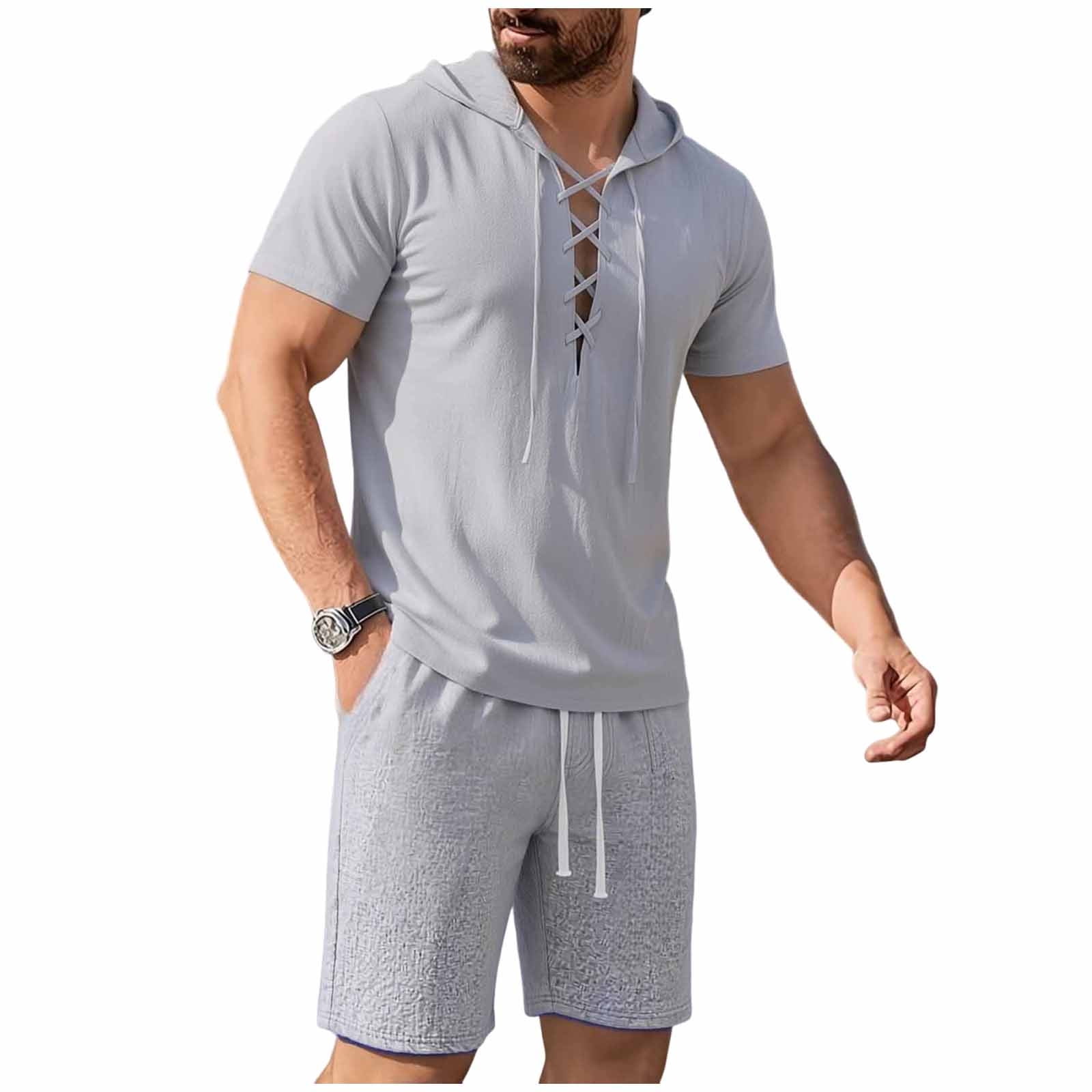 AGKIZG Men's Solid Color Linen Casual Loose Elastic Waist Shorts Hooded ...