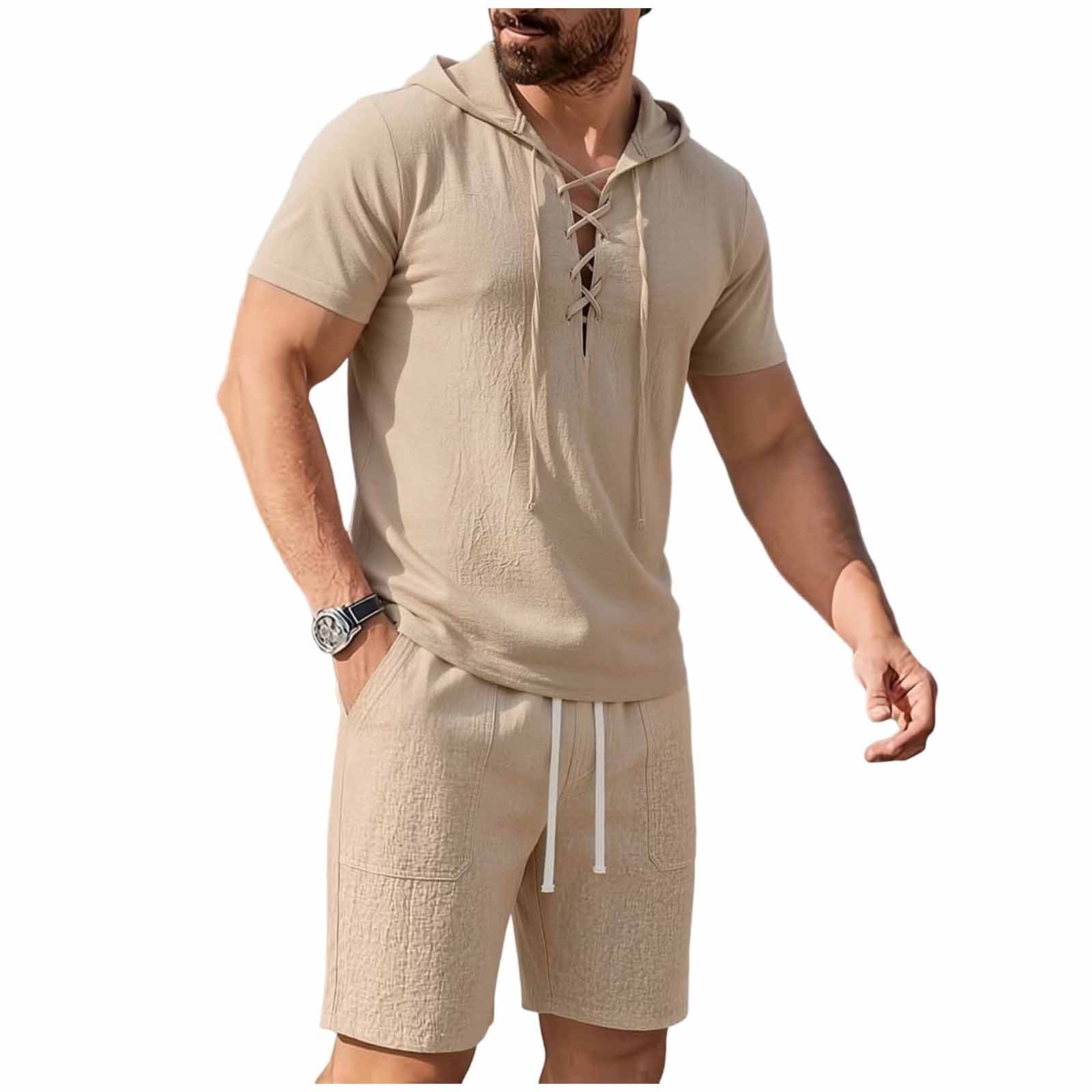 AGKIZG Men's Solid Color Linen Casual Loose Elastic Waist Shorts Hooded ...