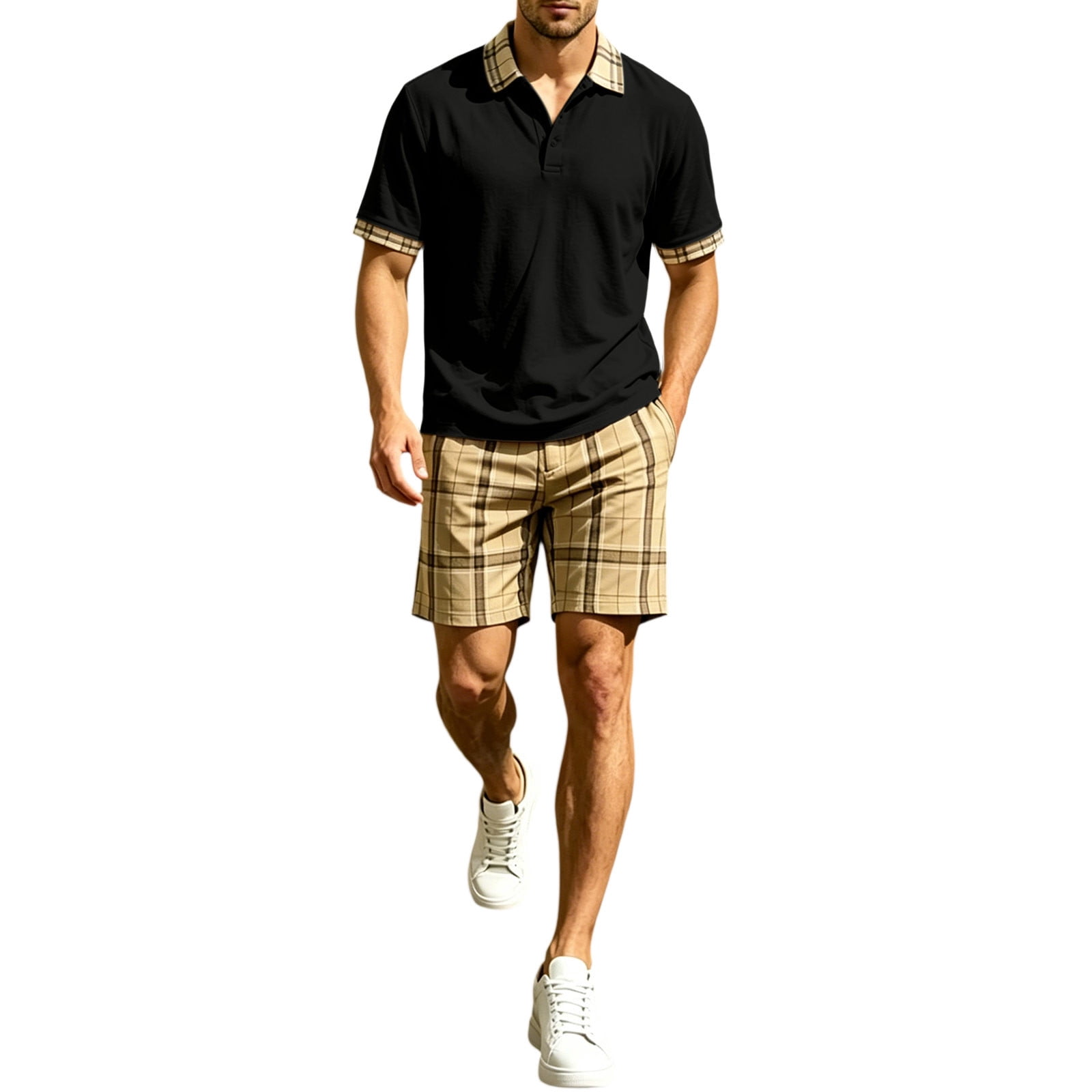 AGKIZG Men's Solid Color Plaid Patchwork Button Pullover Short Sleeve ...
