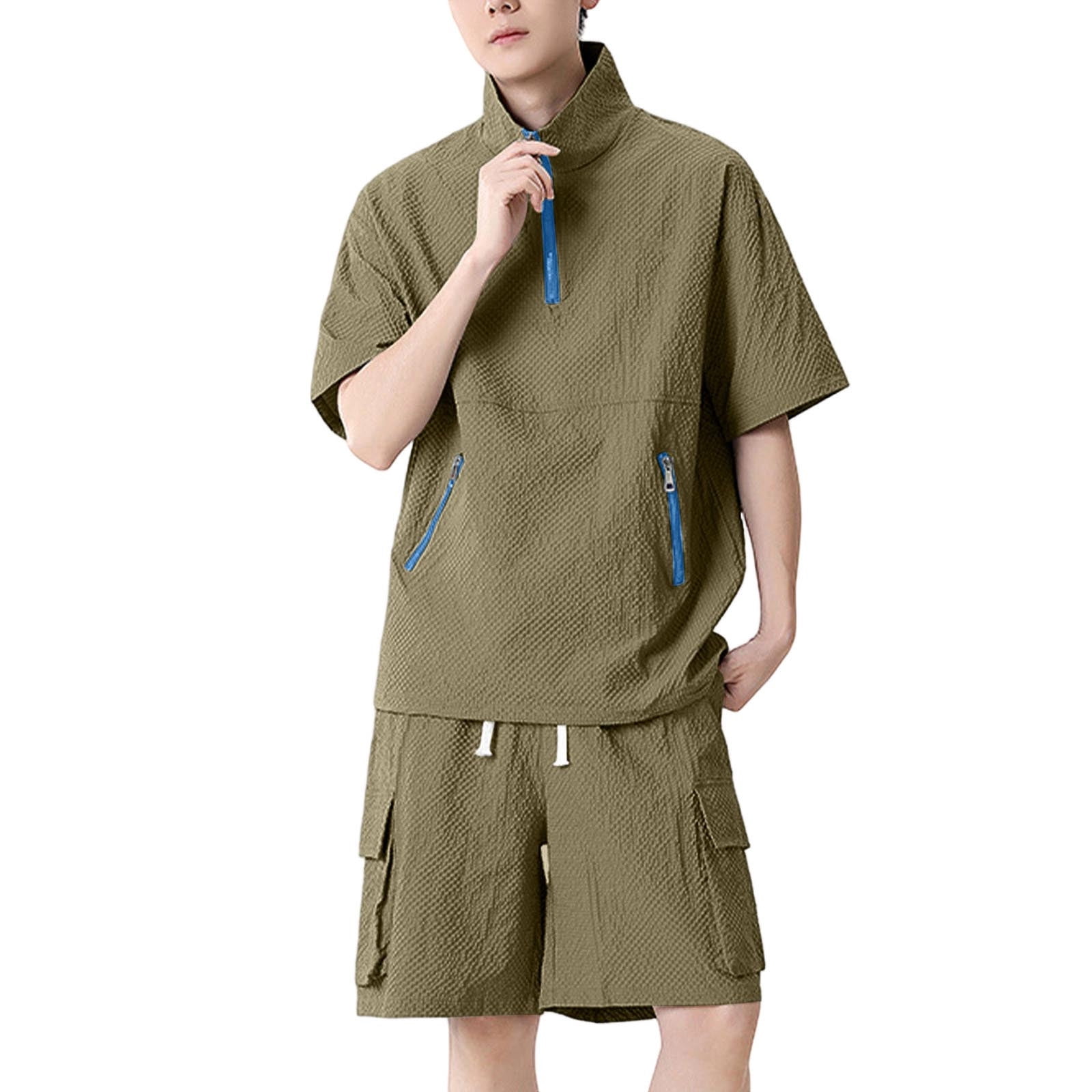 AGKIZG Men's Solid Color Short Sleeve Stand Collar T Shirt Cinched ...