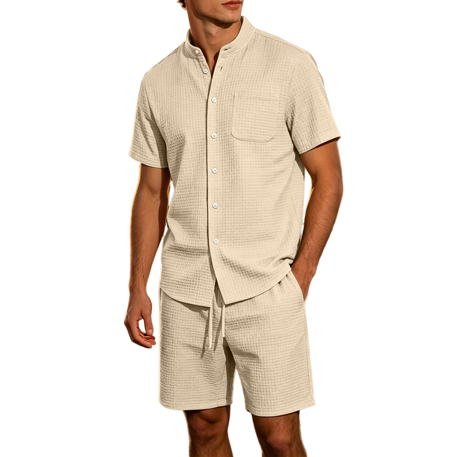 AGKIZG Men's Summer 2 Piece Outfit Button Stand Collar Dry Short Sleeve ...