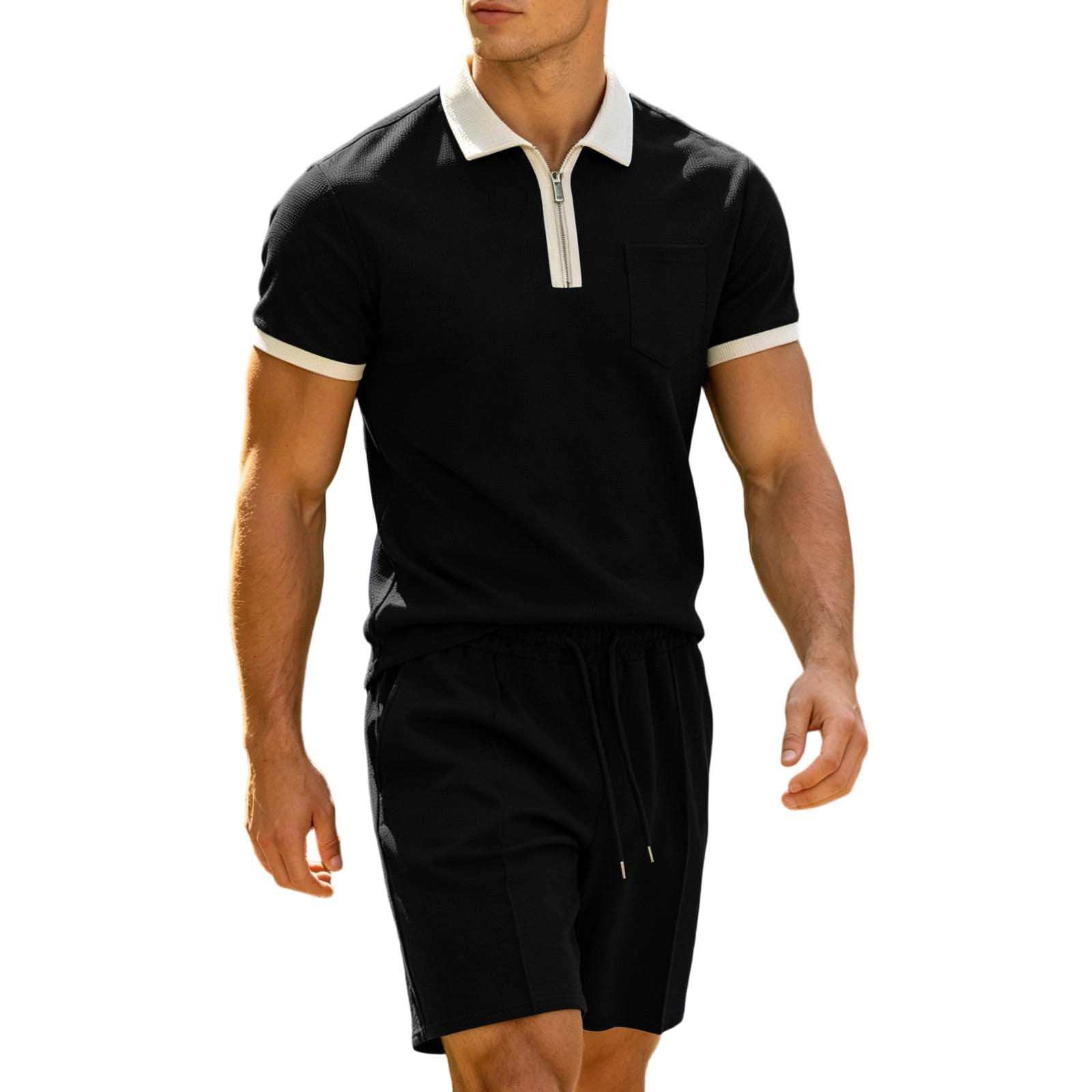 AGKIZG Men's Summer 2 Piece Outfit Color Half Zip Collar Top with ...