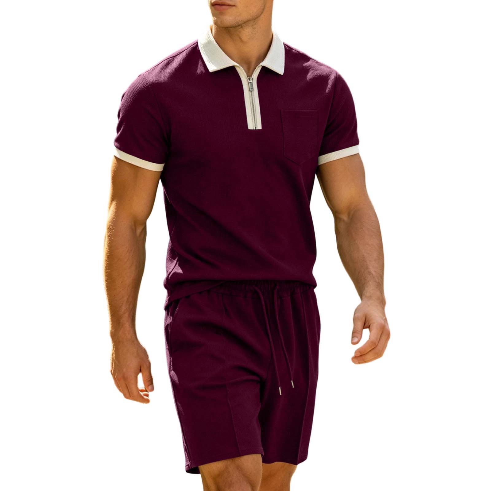 AGKIZG Men's Summer 2 Piece Outfit Color Half Zip Collar Top with ...