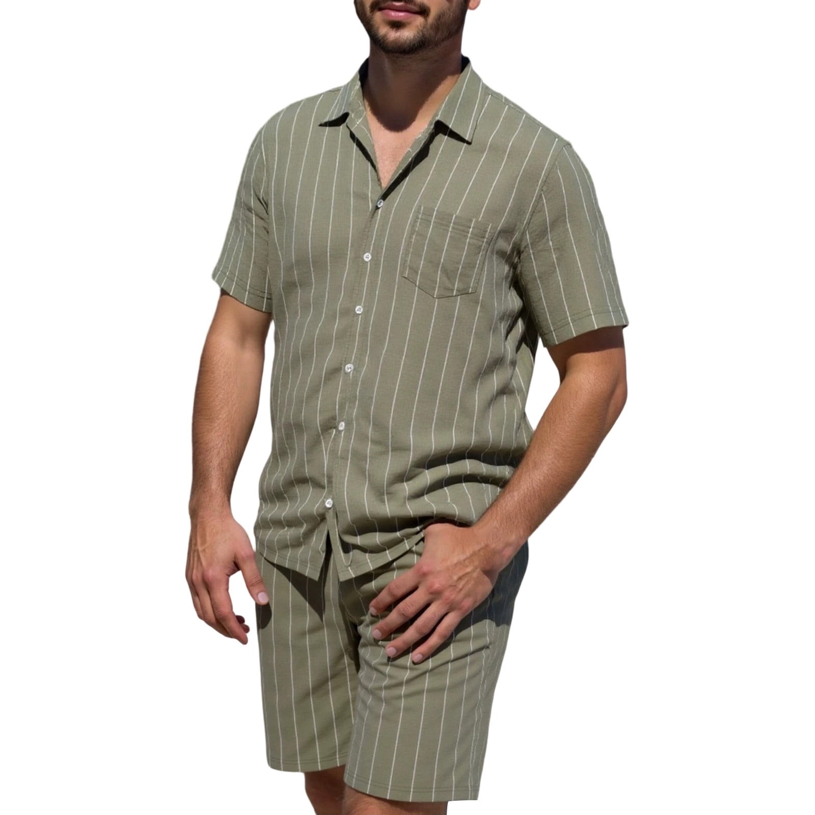 AGKIZG Men's Summer Linen Sports Casual Set Fashion Casual Striped ...