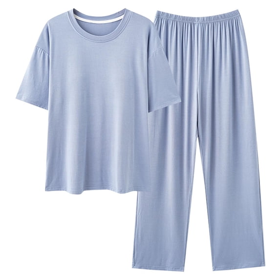 AGKIZG Solid Color 2 Piece Pajama Set for Women Summer Short Sleeve ...